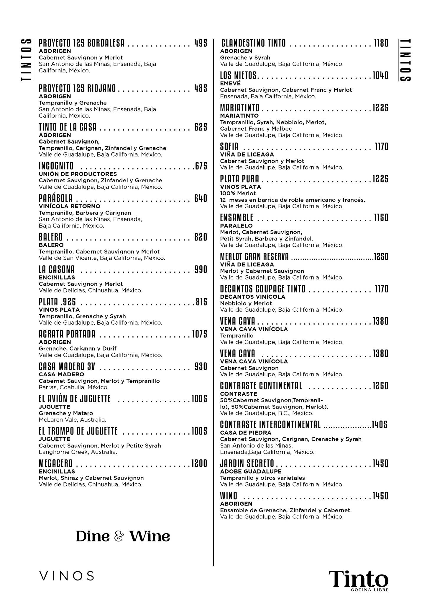 Menu at Tinto Cocina Libre restaurant, Ciudad Juarez
