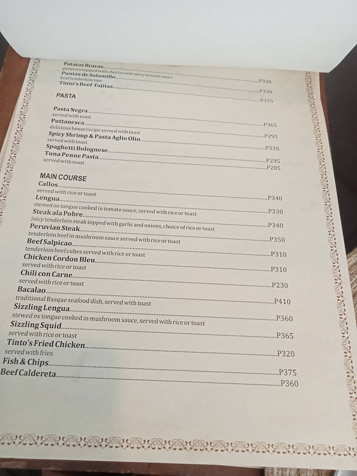 Carta del restaurante Tinto, Dumaguete