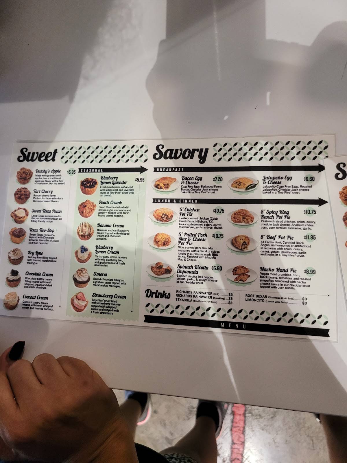 Menu at Tiny Pies, Waco