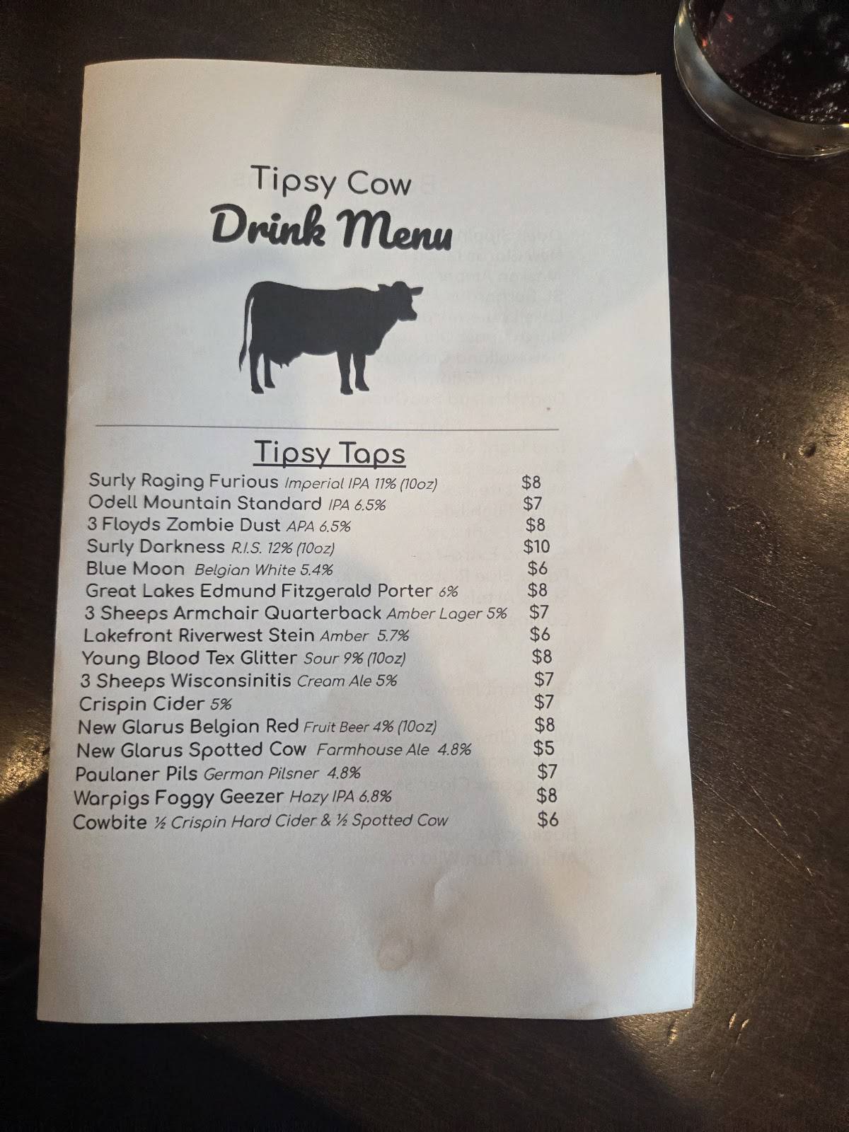 Menu at Tipsy Cow Sun Prairie restaurant, Sun Prairie