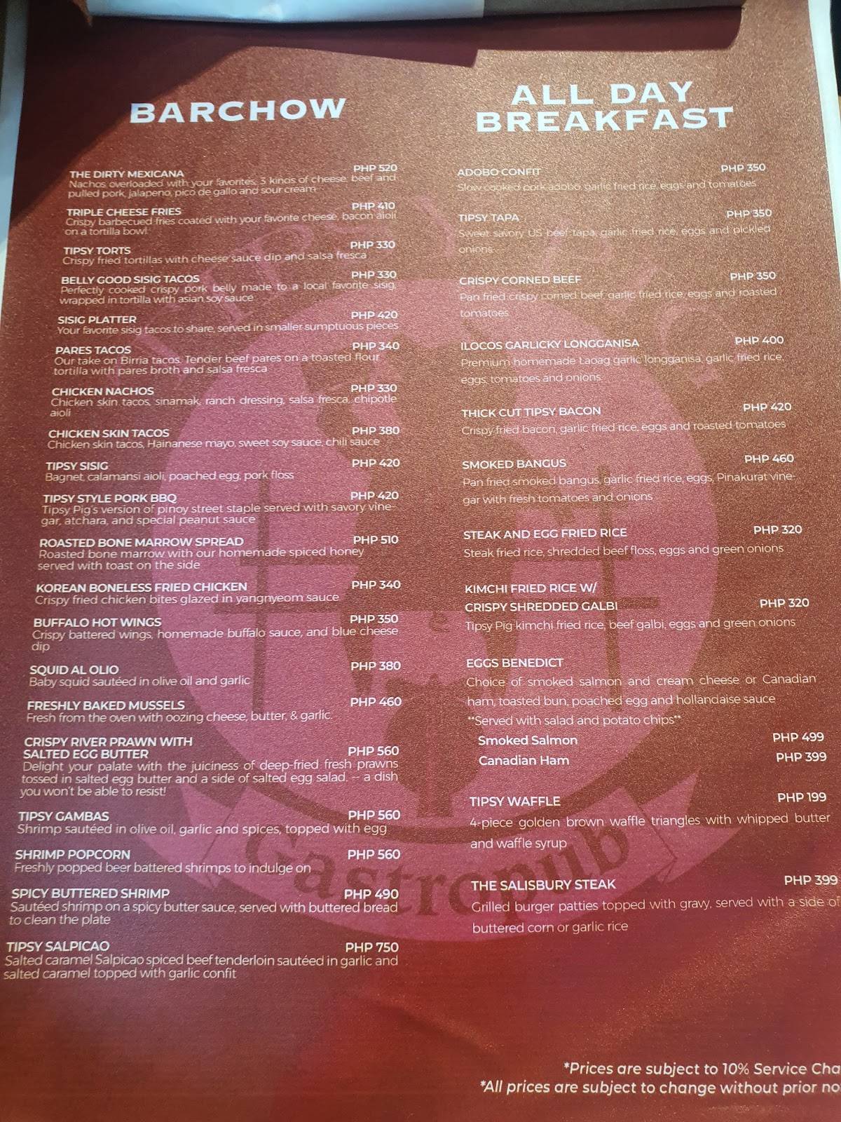 Menu at Tipsy Pig Alabang, Muntinlupa