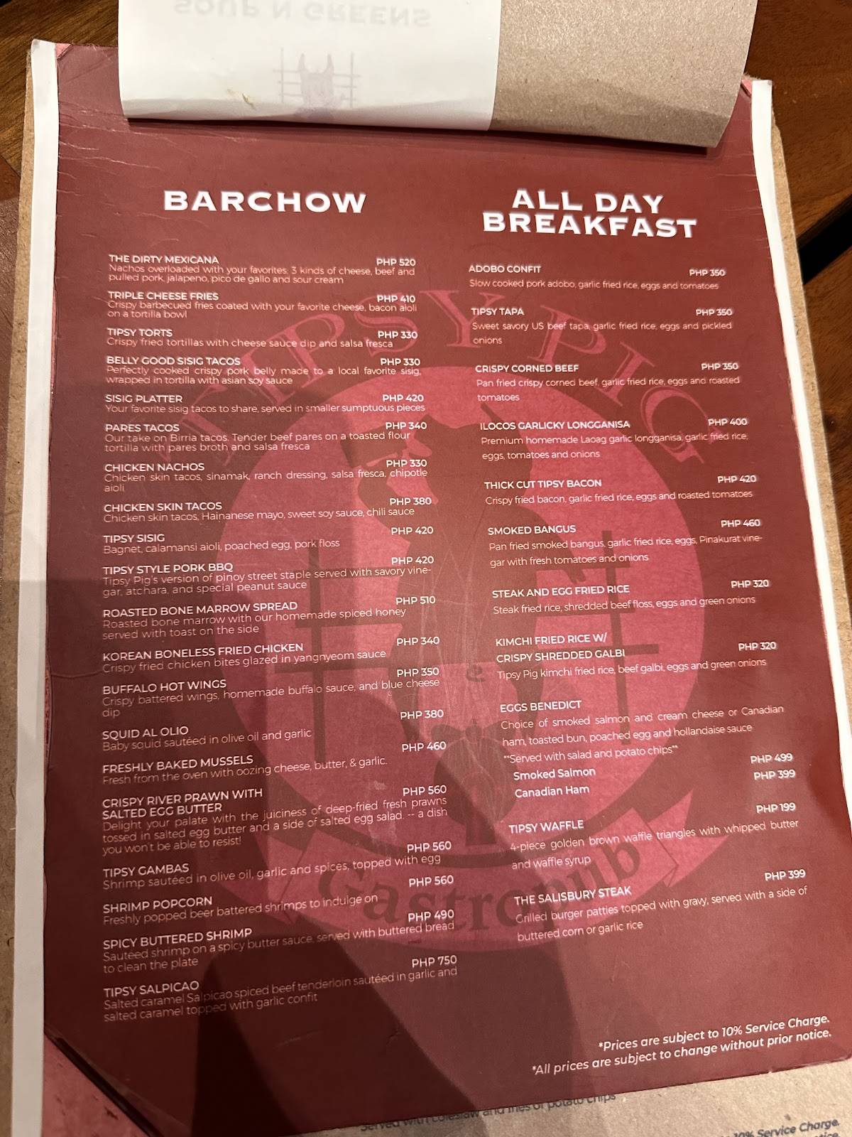 Menu at Tipsy Pig Alabang, Muntinlupa