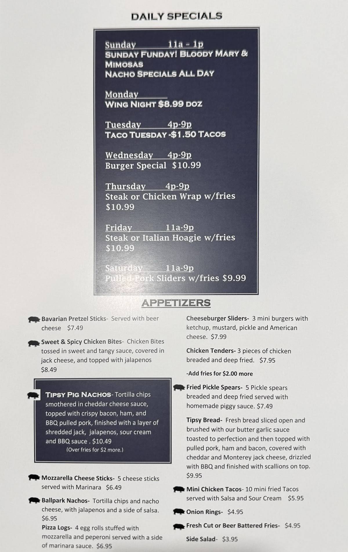 Menu at Tipsy Pig pub & bar, Connellsville