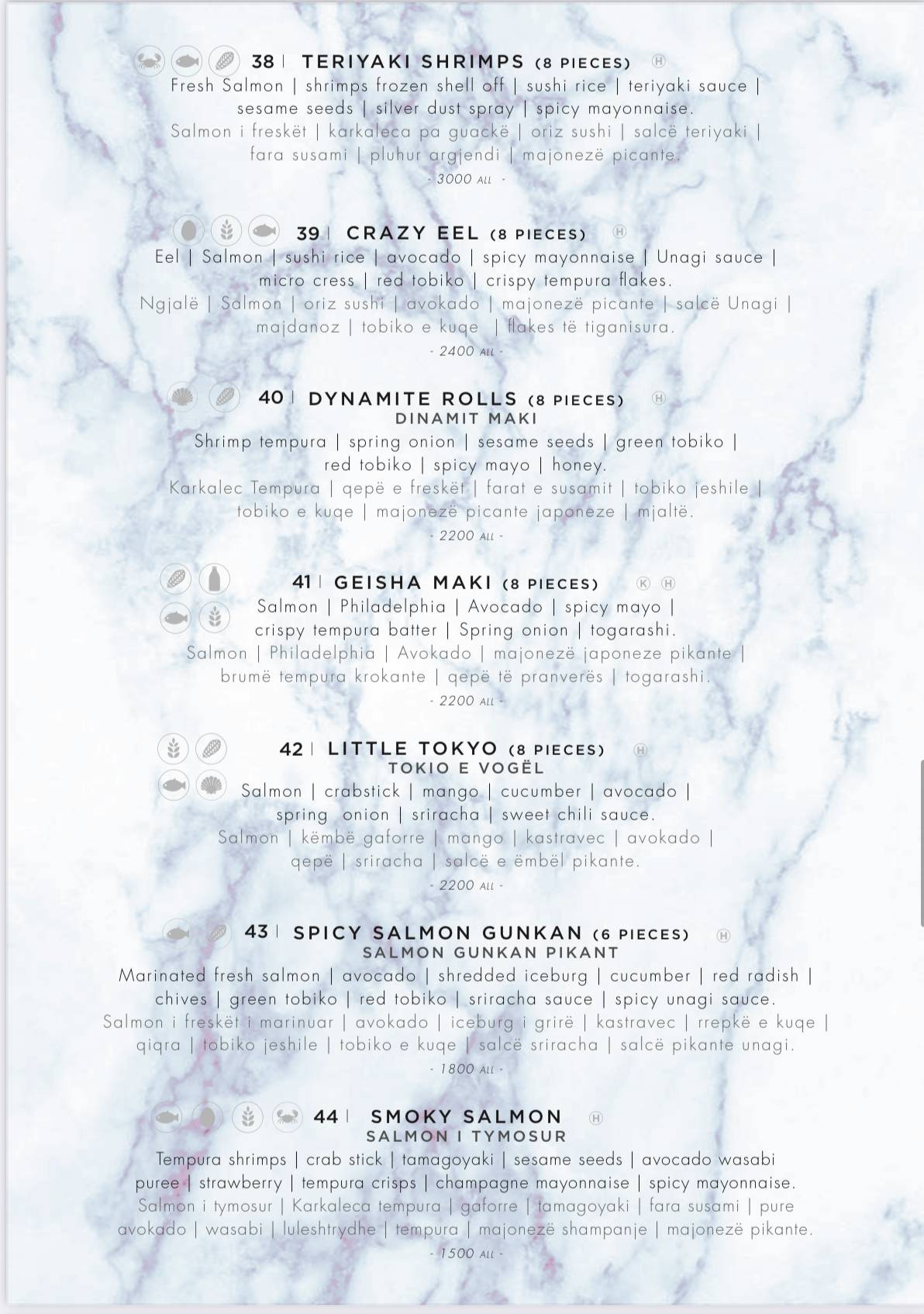Menu at Arka Rooftop restaurant, Tirana