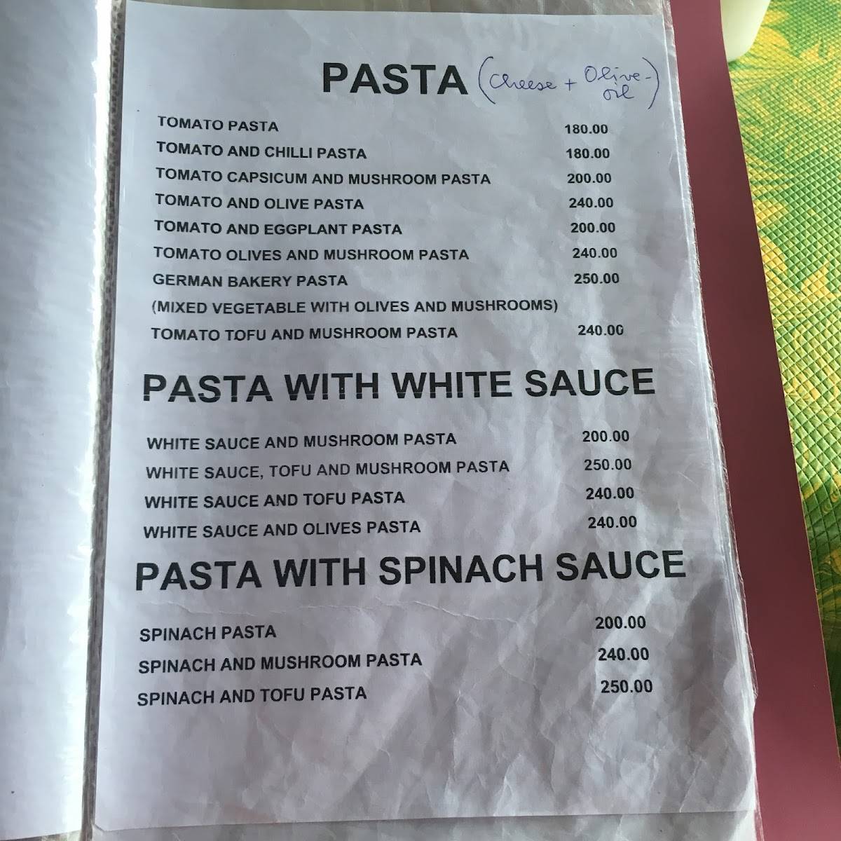 Menu at German Bakery, Tiruvannamalai