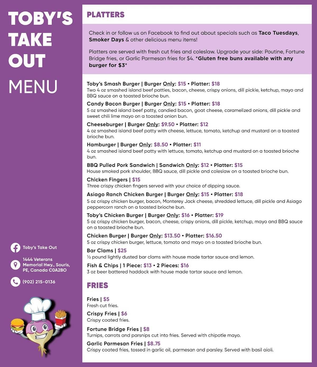 Menu at Toby’s Take-out restaurant, Canada