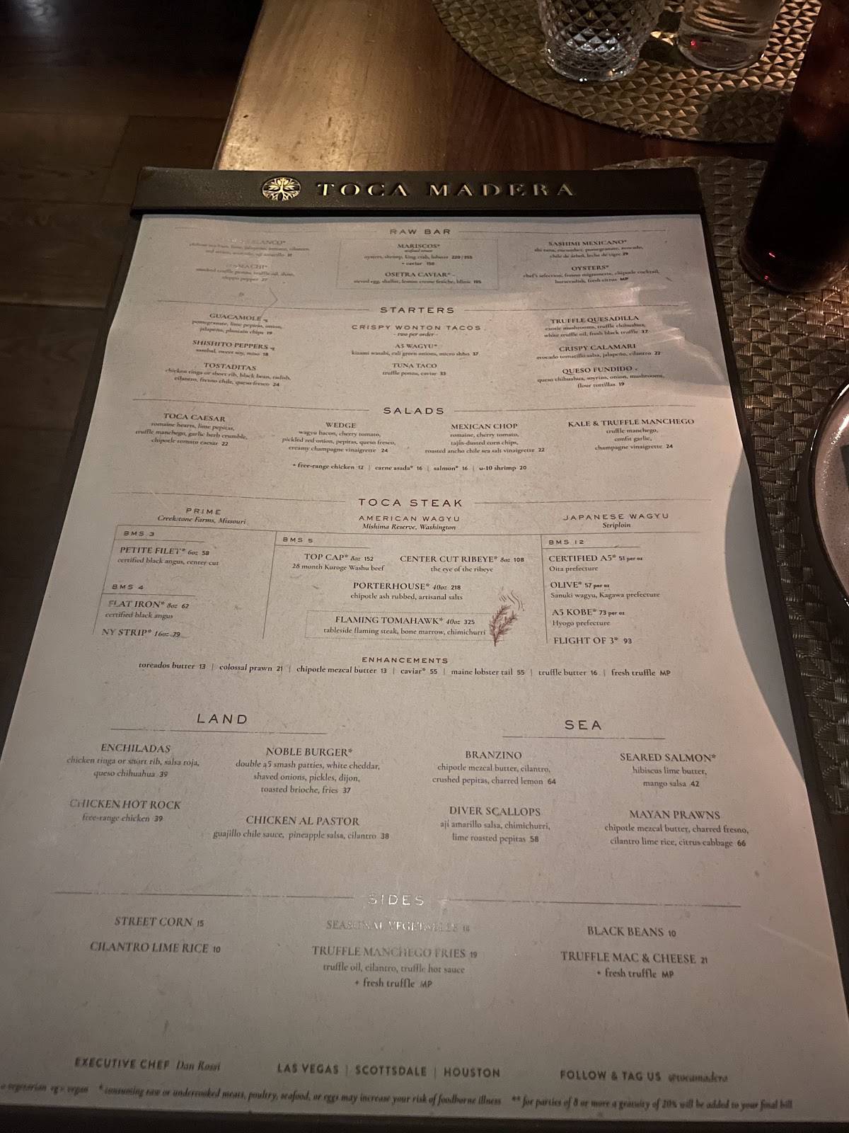 Menu at Toca Madera Las Vegas steakhouse, Las Vegas