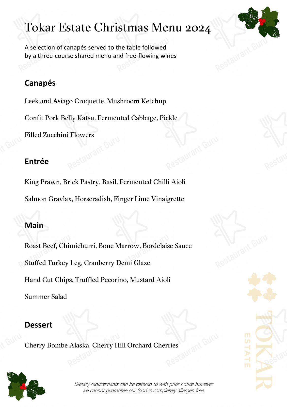 Menu at Tokar Estate restaurant, Coldstream