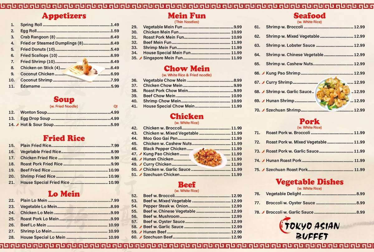 Menu at Tokyo Asian buffet restaurant, Wartburg