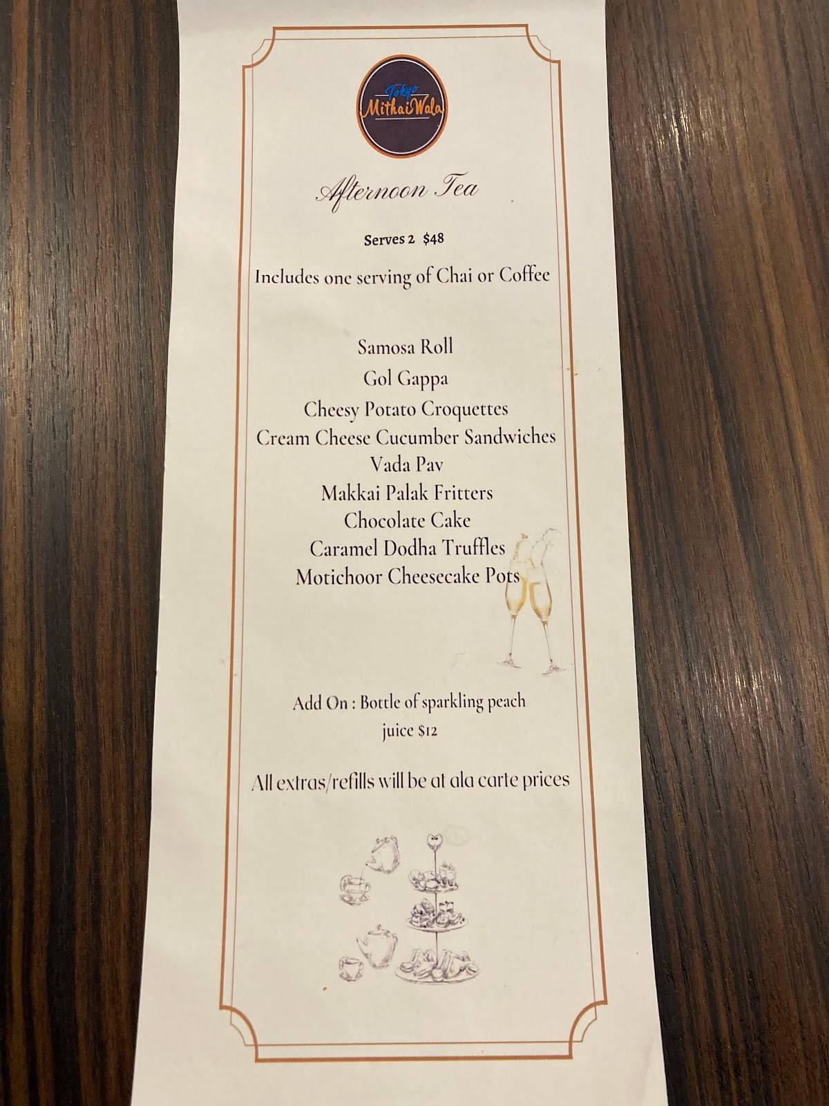 Menu au Tokyo Mithaiwala Canada café, Surrey