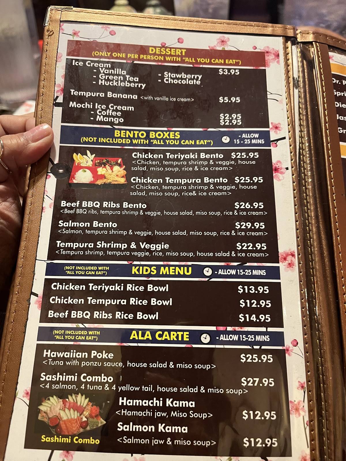 Menu at Tokyo Sushi restaurant, Reno
