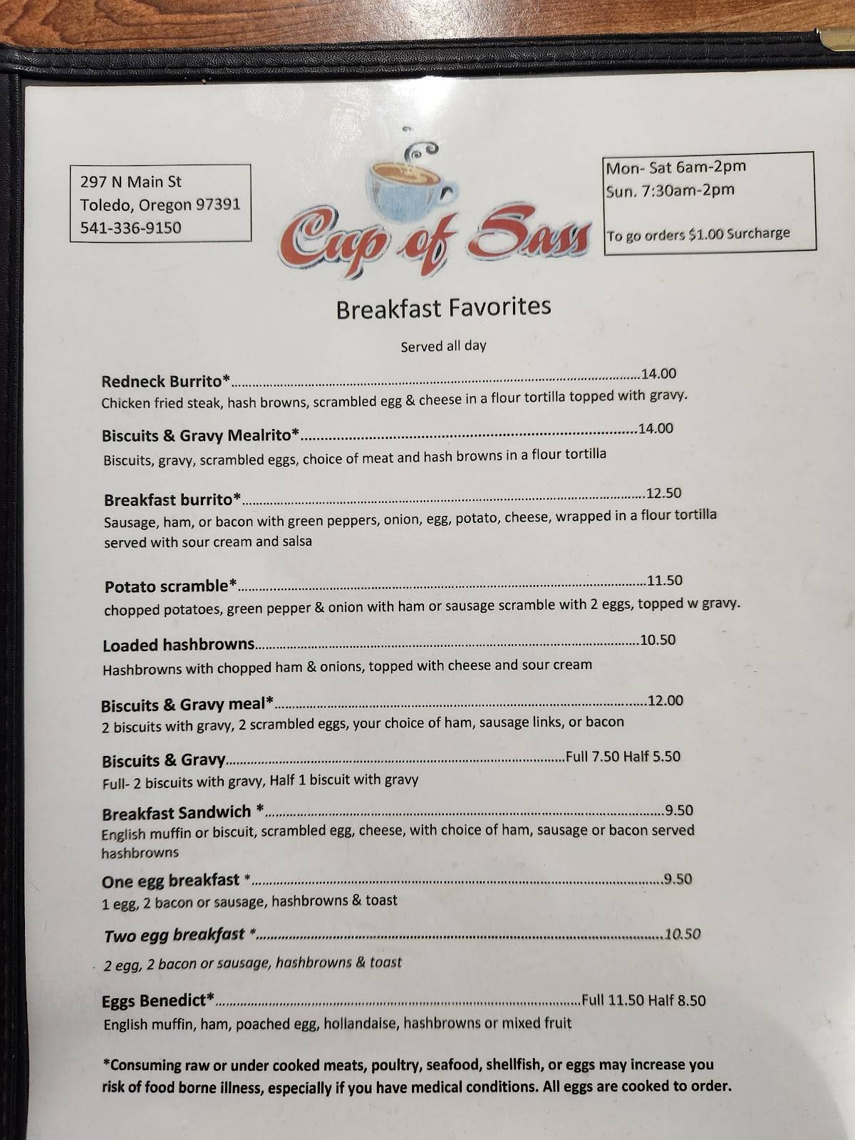 Menu at Cup of Sass Cafe, Toledo