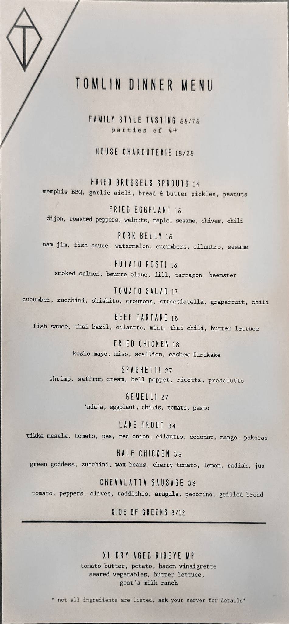 Menu at Tomlin pub & bar, Thunder Bay