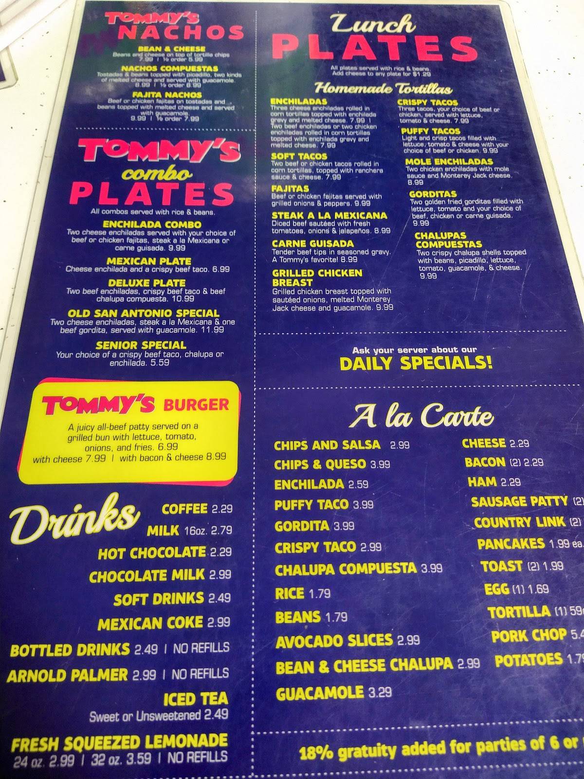 Menu at Tommy's Restaurant, San Antonio, Nogalitos St
