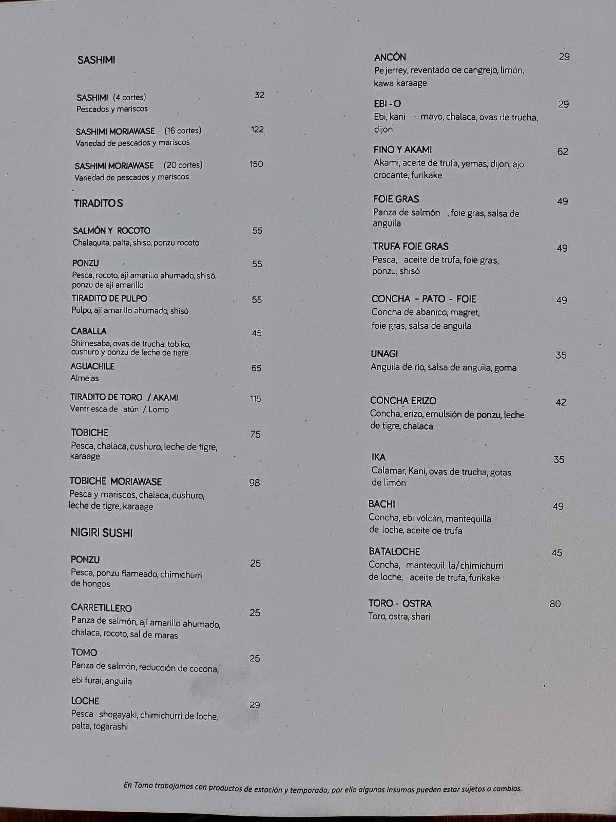 Menu at Tomo Cocina Nikkei restaurant, Miraflores