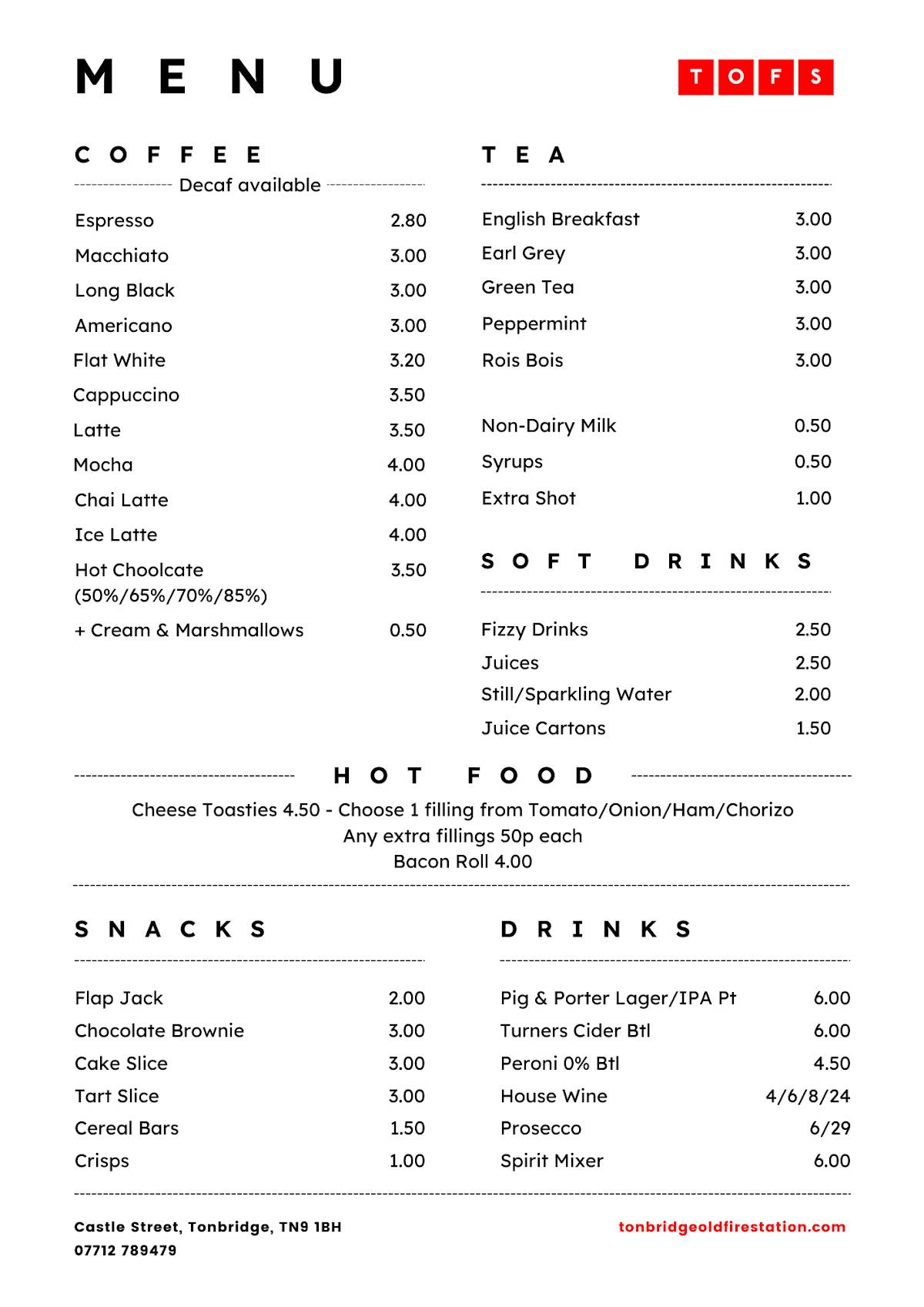 Menu at Tonbridge Old Fire Station pub & bar, Tonbridge