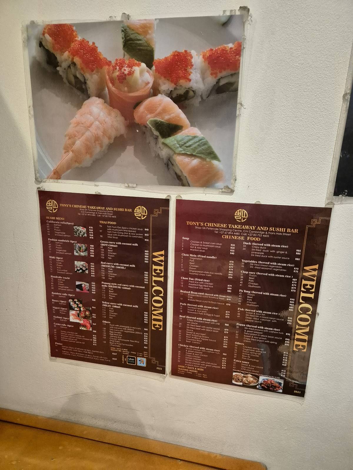 Menu at Tony's Chinese And Takeaway And Sushi Bar, Sandton