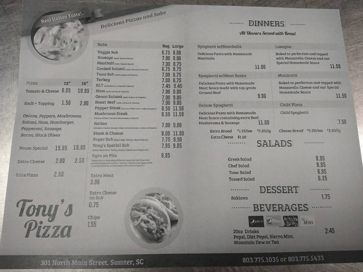 Menu at Tony's Pizza pizzeria, Sumter, 301 N Main St
