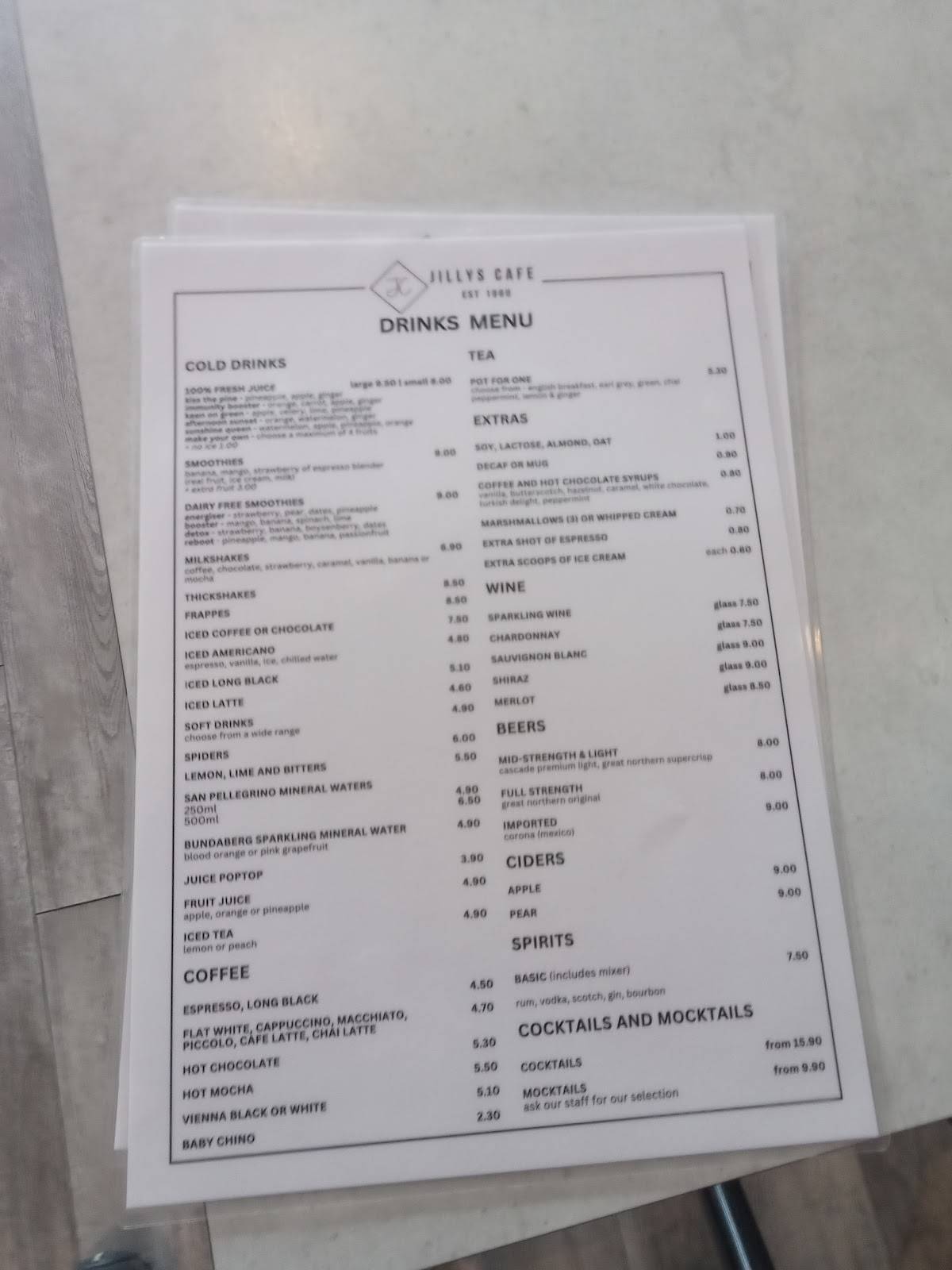 Menu at Jillys Cafe, Toowoomba City