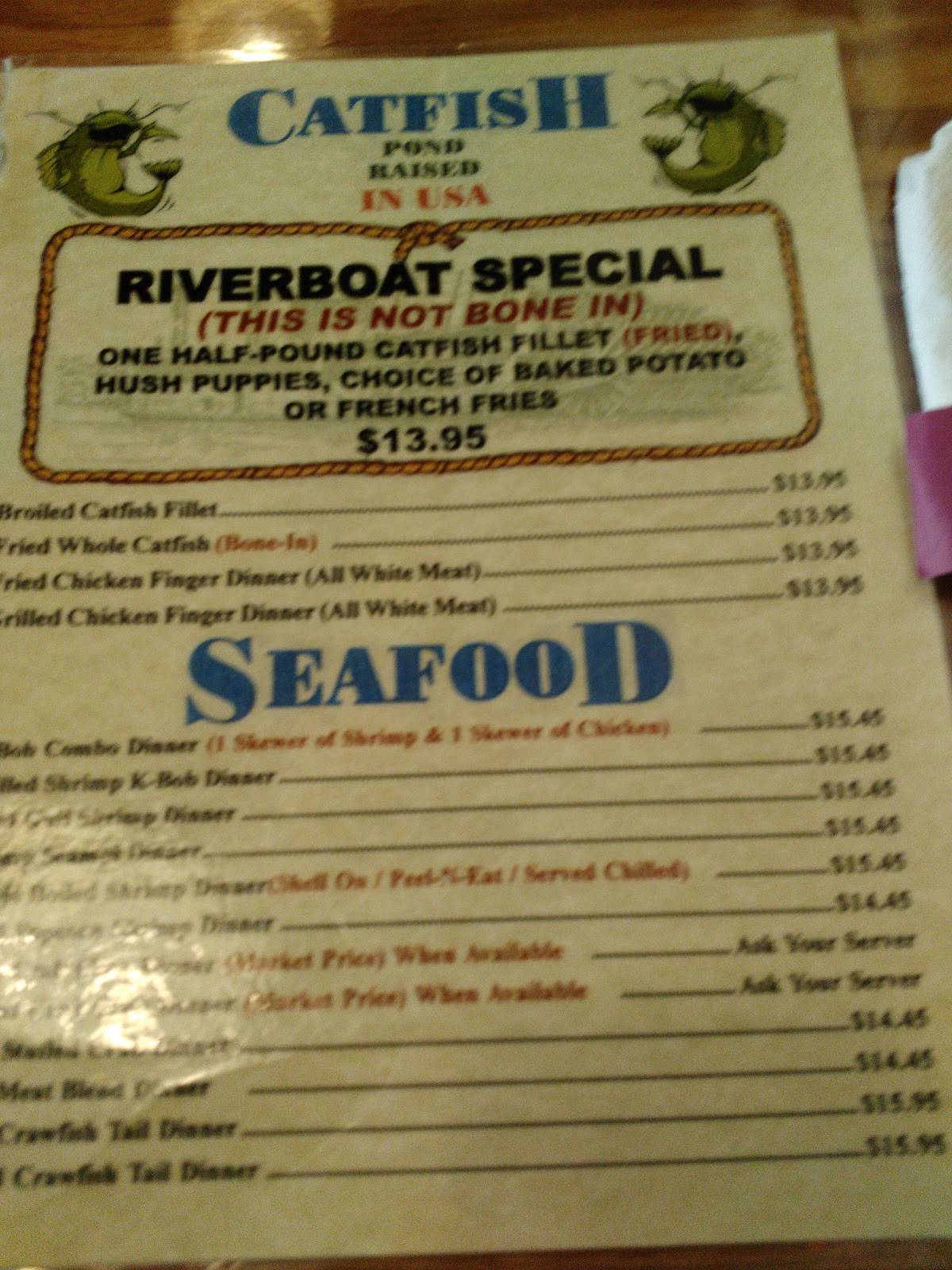 Menu at Top O' the River restaurant, Gadsden