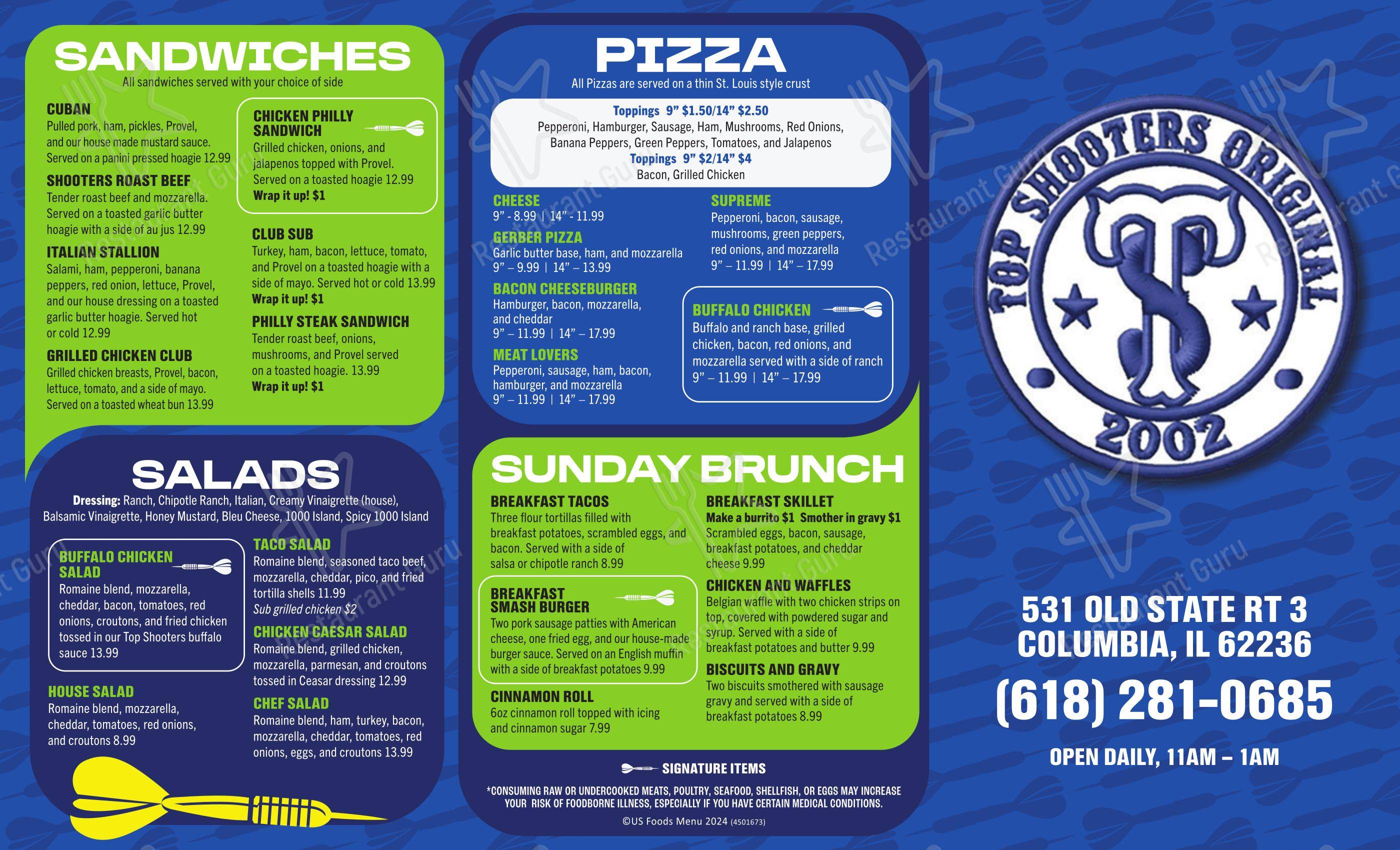 Menu at Top Shooters Sports Bar, Columbia