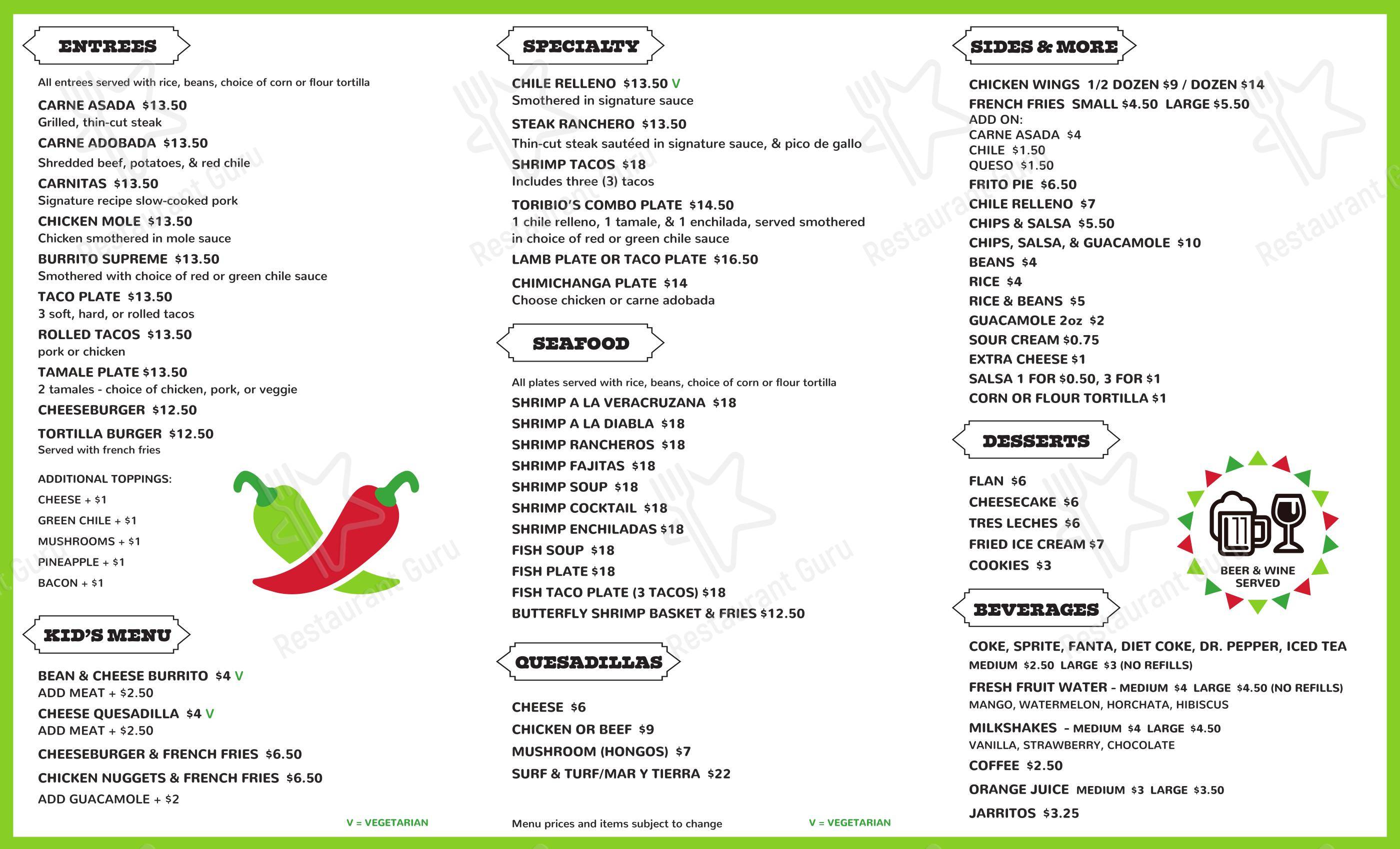 Menu at Toribios restaurant, Taos, Paseo Del Pueblo Norte