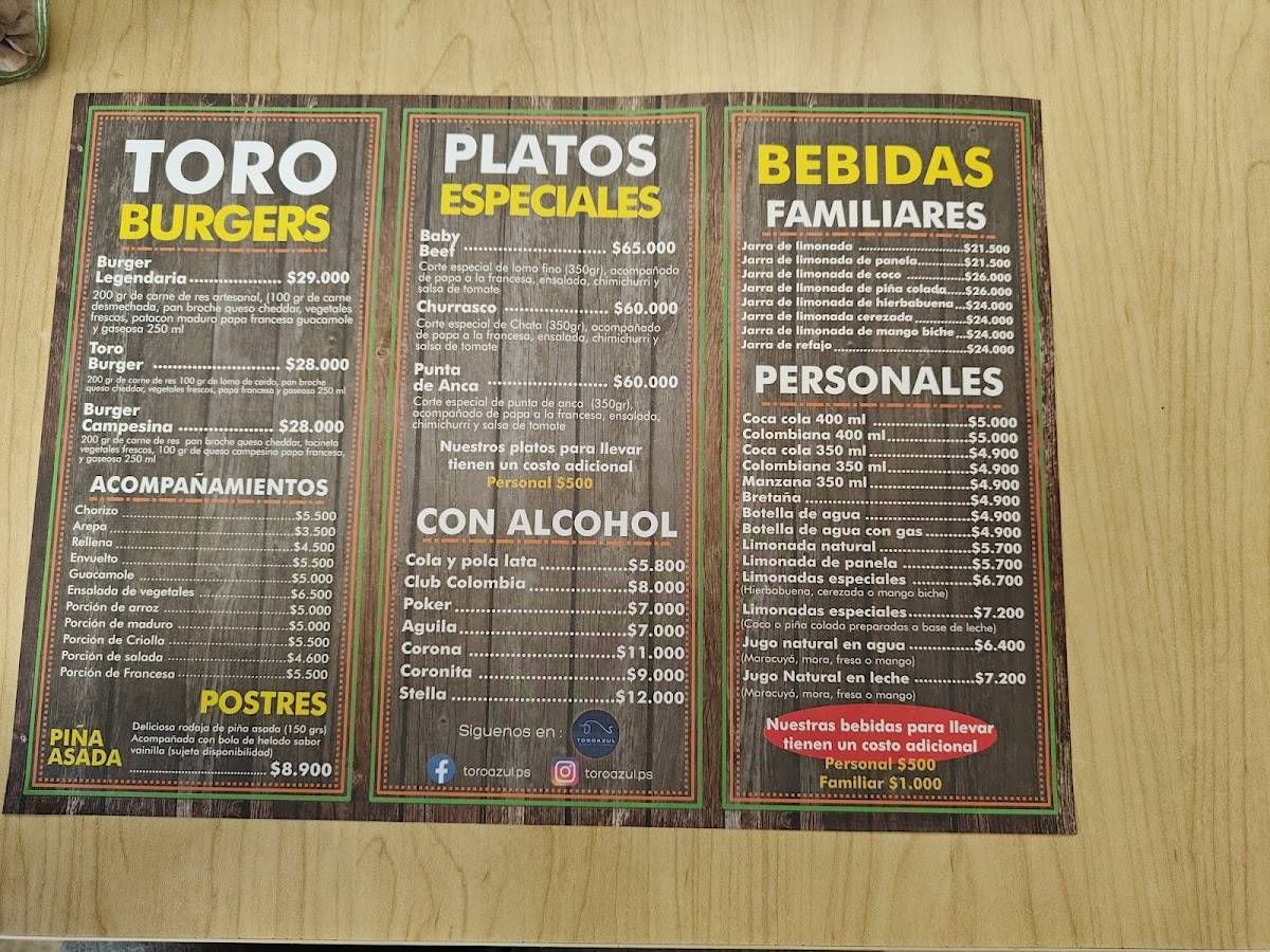Carta del restaurante Toro Azul, Bogotá, Cl. 150 #19b16