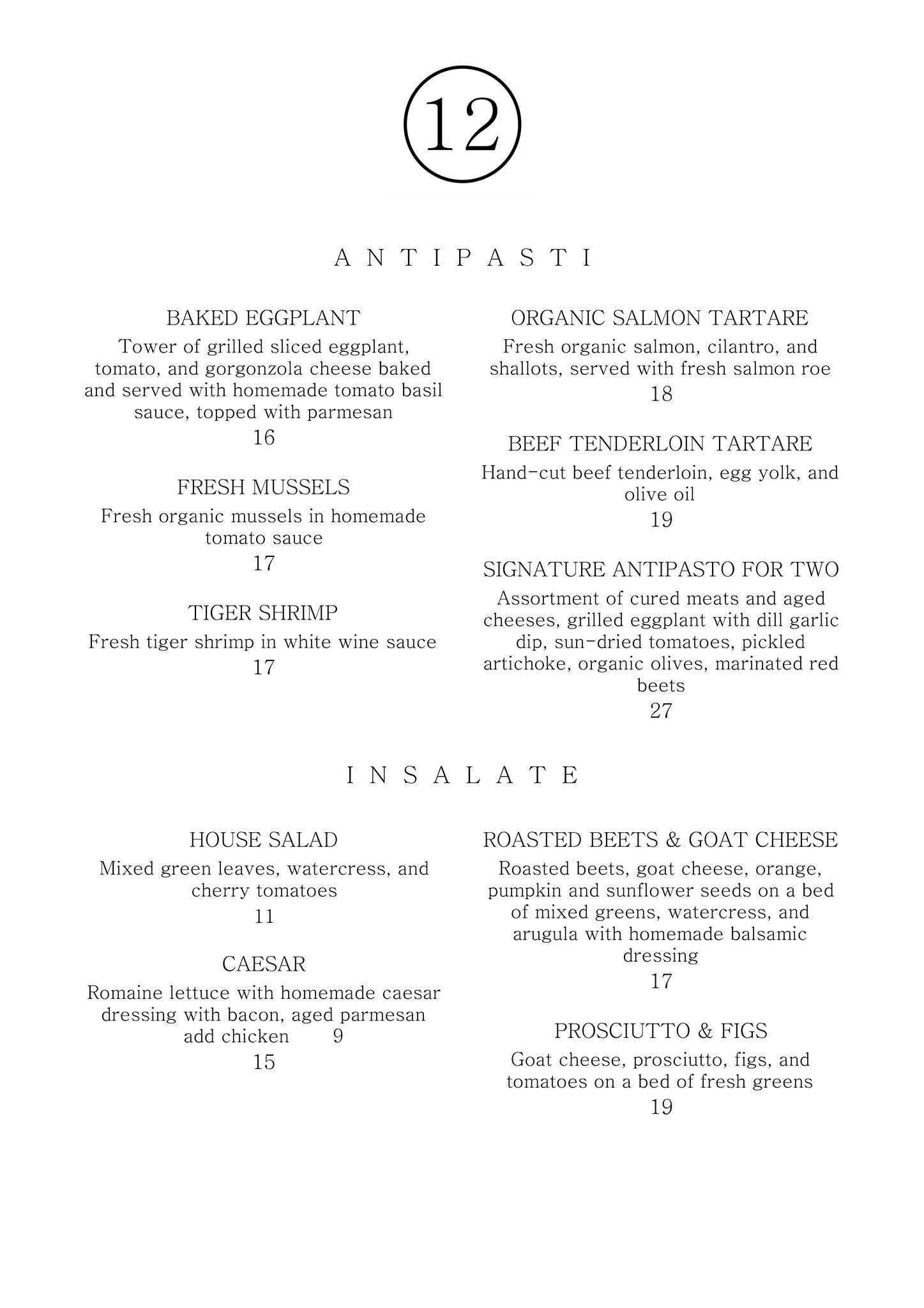 Menu at 12 Tables restaurant, Toronto