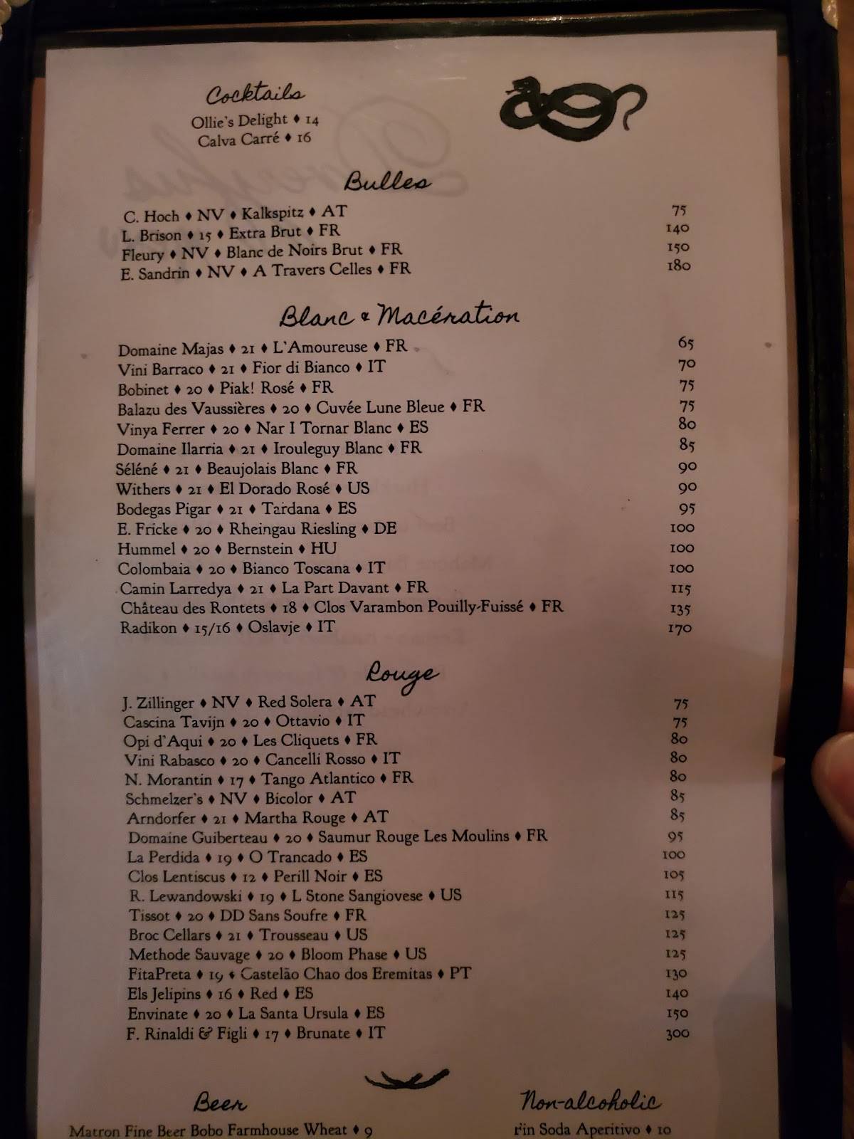 Menu at Dreyfus restaurant, Toronto, 96 Harbord St