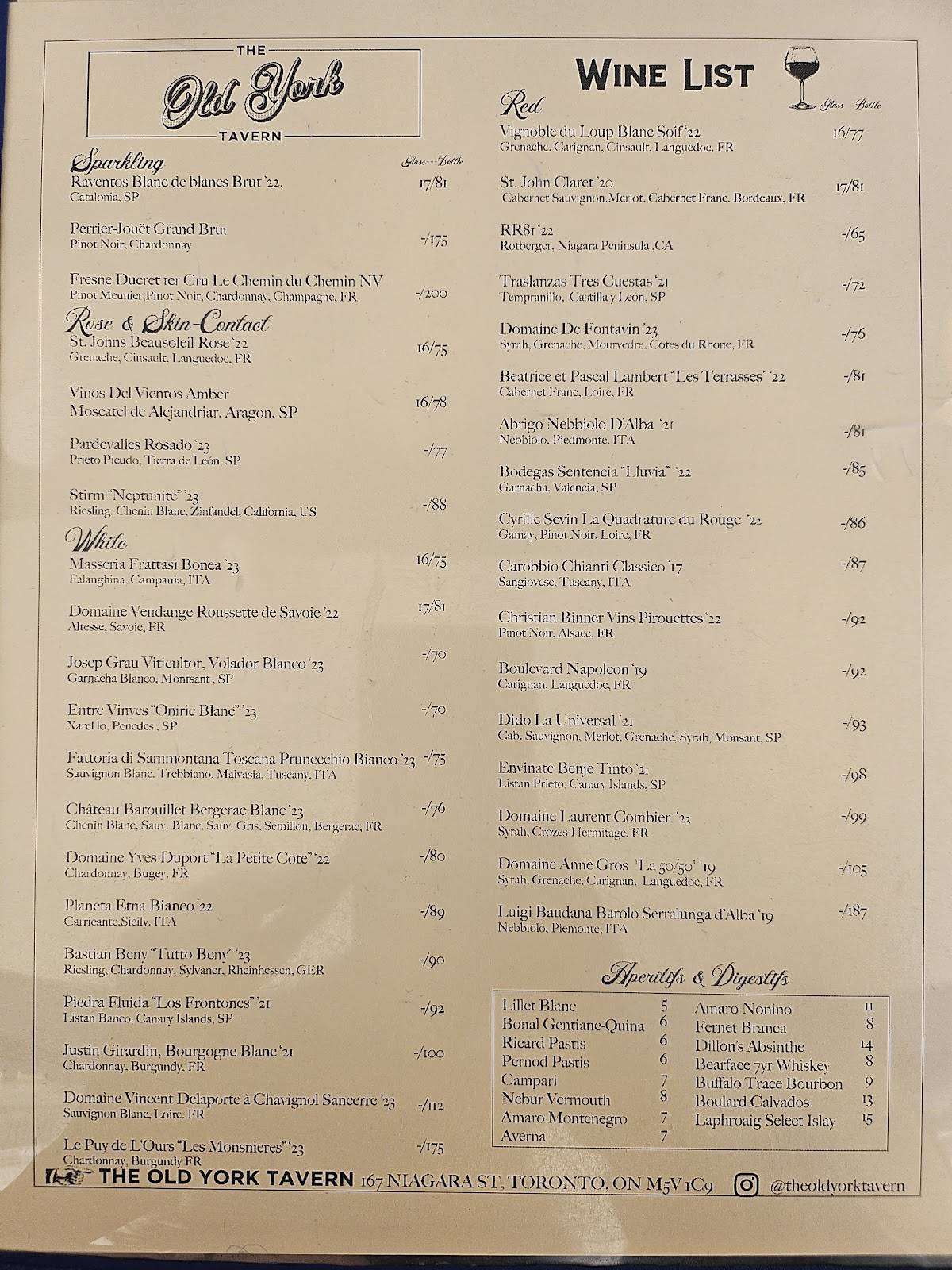 Menu at The Old York Tavern pub & bar, Toronto
