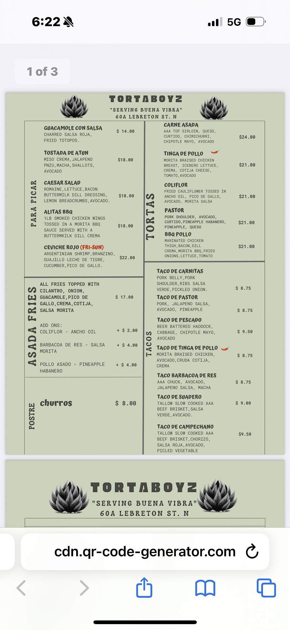 Menu at Torta Boyz restaurant, Ottawa