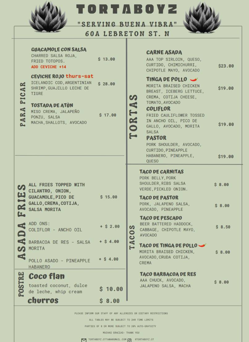 Menu at Torta Boyz restaurant, Ottawa
