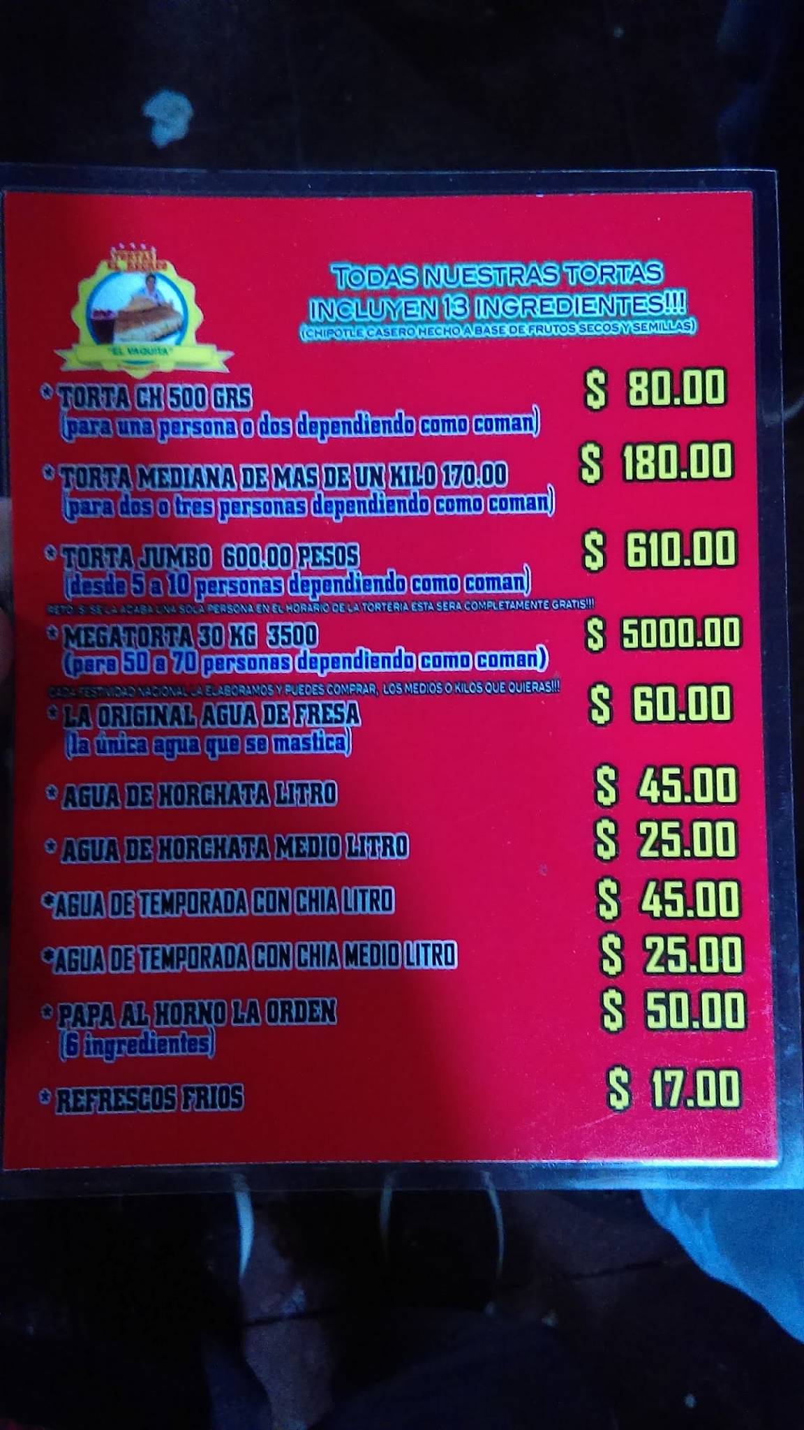 Carta del restaurante Tortas El Recreo Las Originales El Vaquita ...