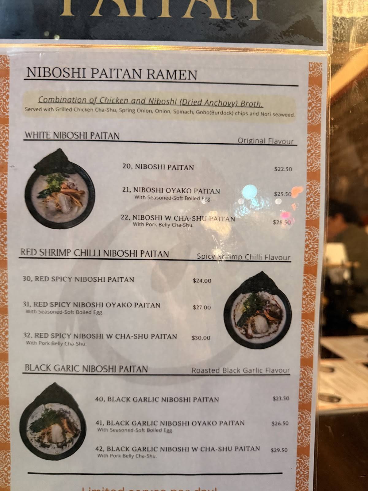 Menu at Tosaka Ramen Bar, Northbridge