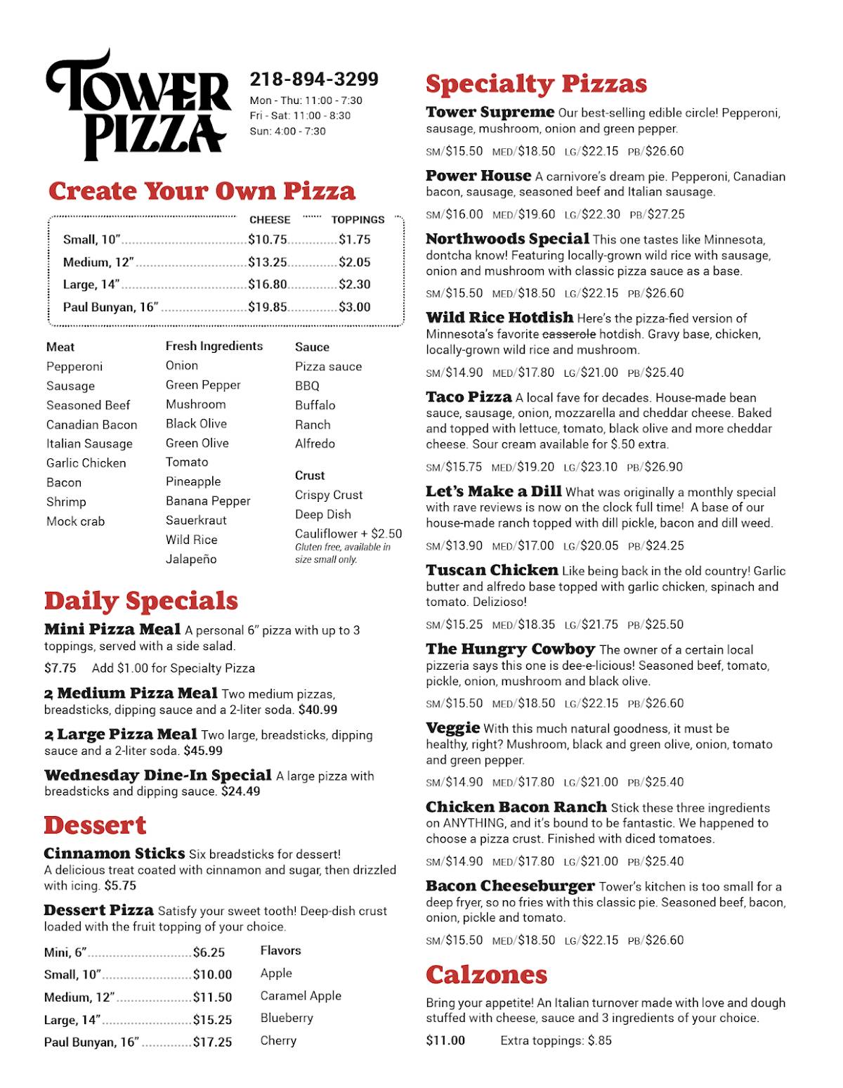 Menu at Tower Pizza pizzeria, Staples, 414 2nd Ave NE