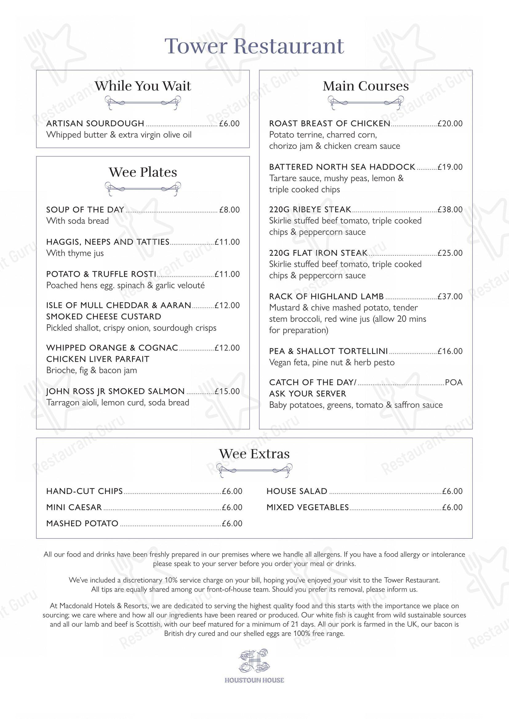 Menu at Tower Restaurant, Broxburn, Macdonald Houstoun House