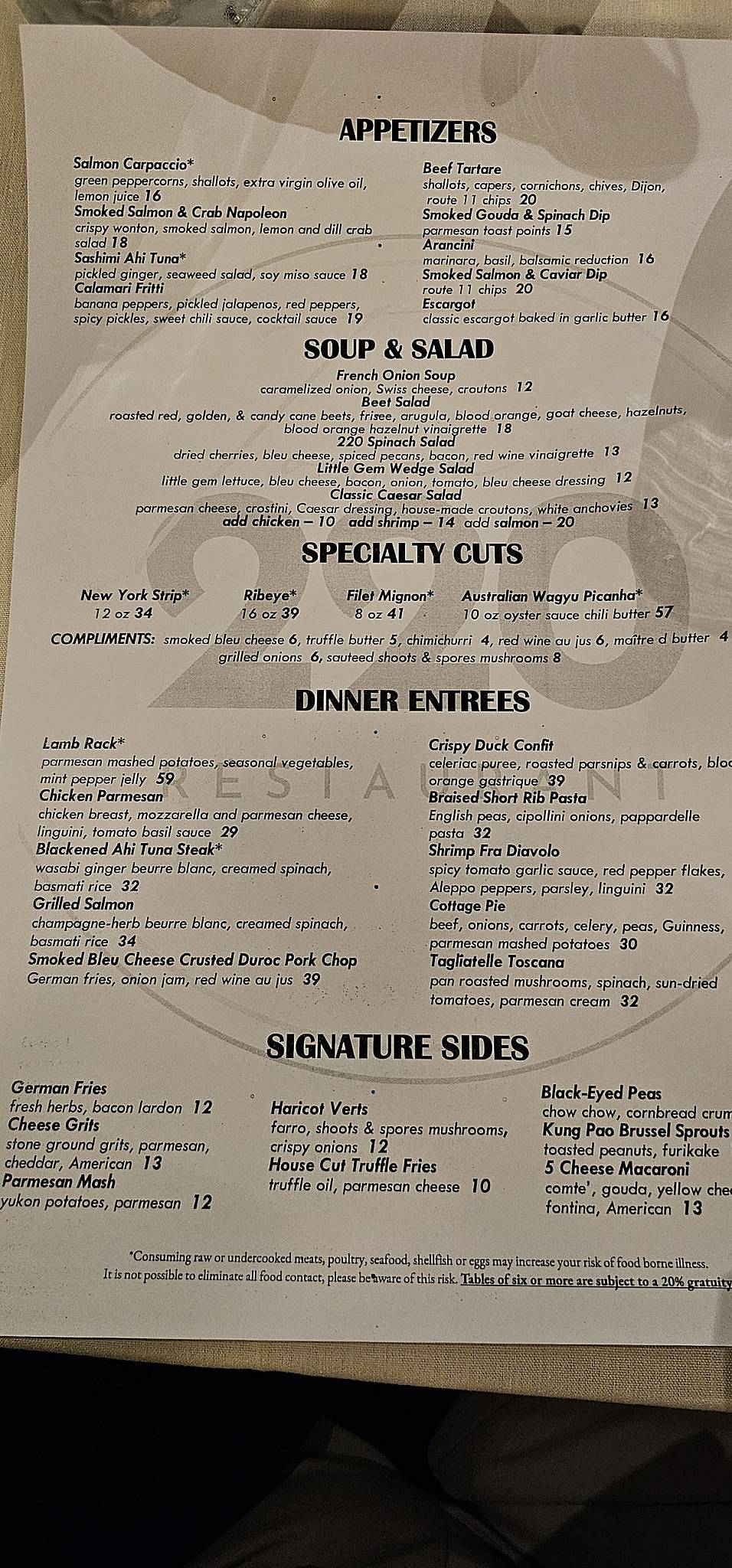 Menu at Town 220 Restaurant, Madison