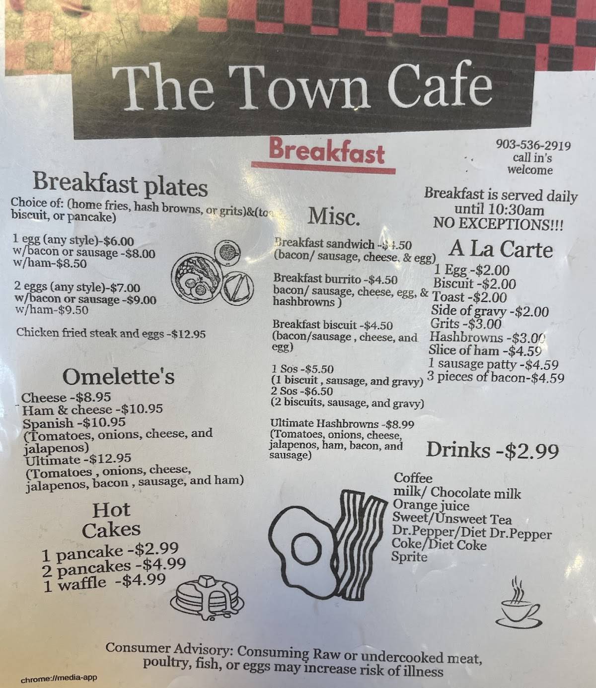 Menu at Town Cafe, Centerville, 136 TX-75