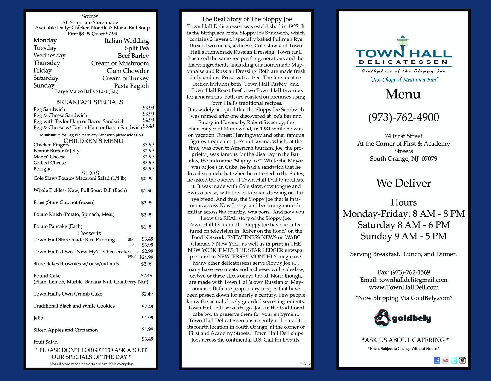 Menu at Town Hall Deli restaurant, South Orange