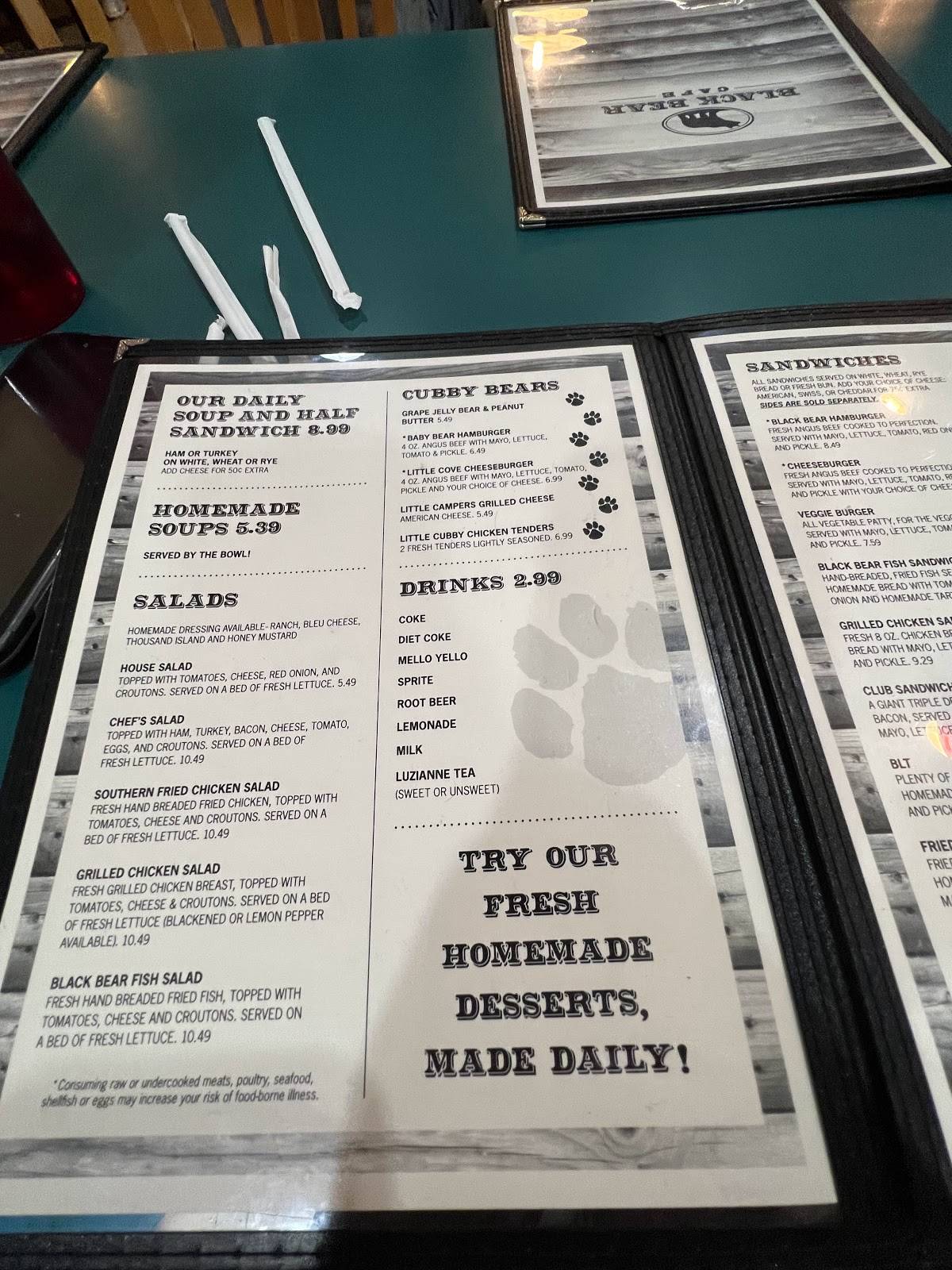 Menu at Black Bear Cafe, Townsend, E Lamar Alexander Pkwy