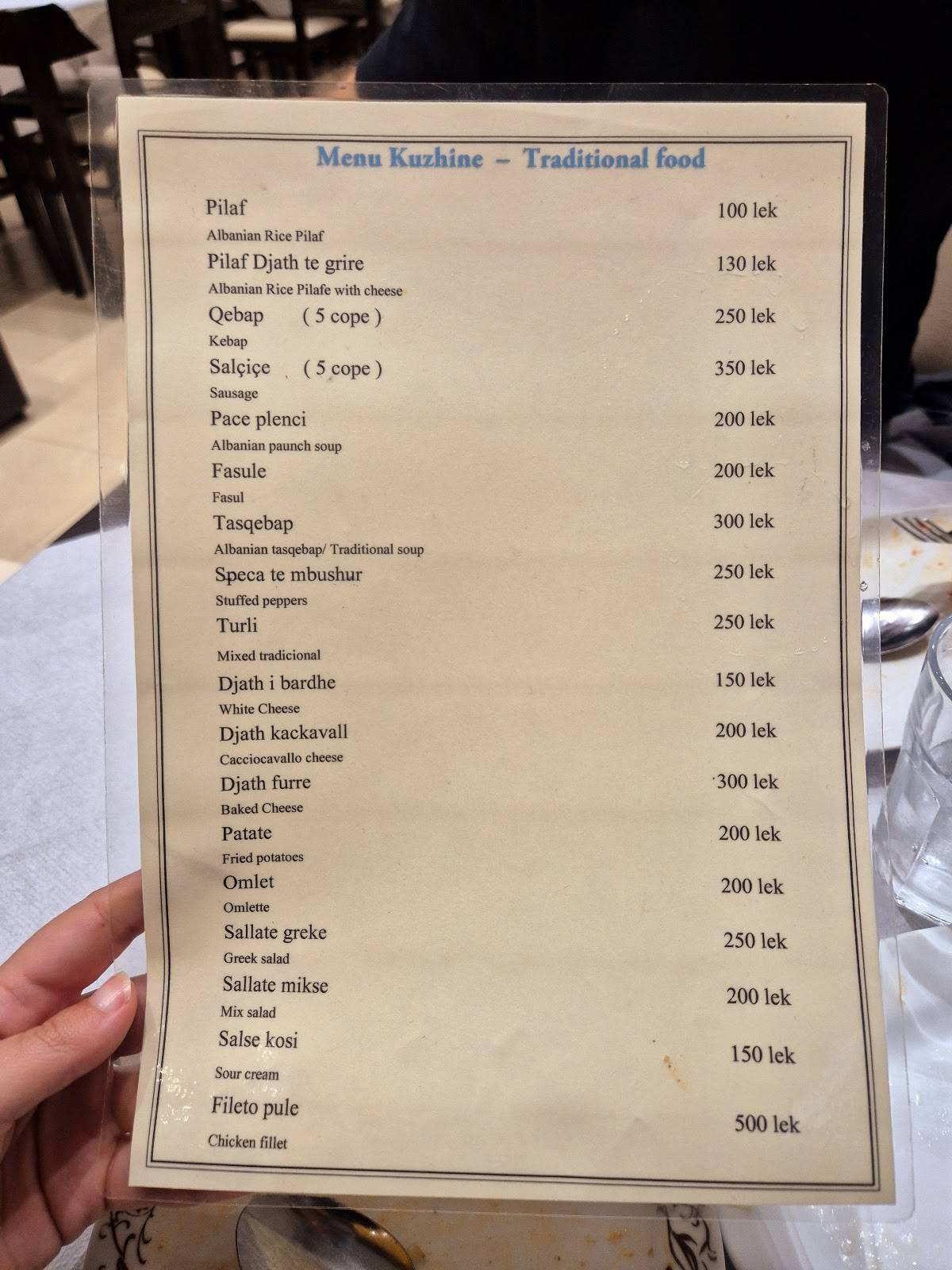 Menu at Traditional food restaurant, Shkodër