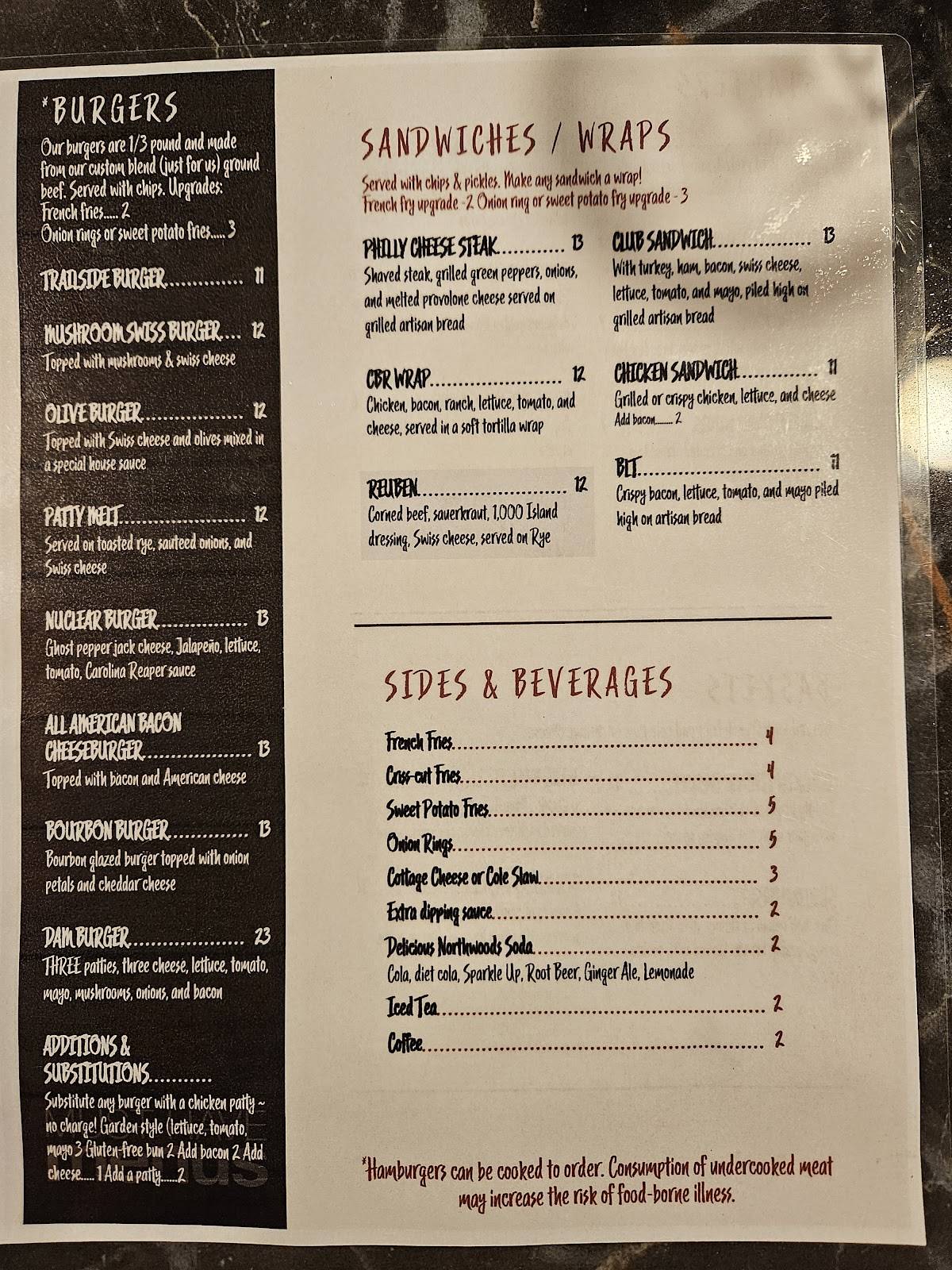 Menu at Trailside Tavern restaurant, Mesick