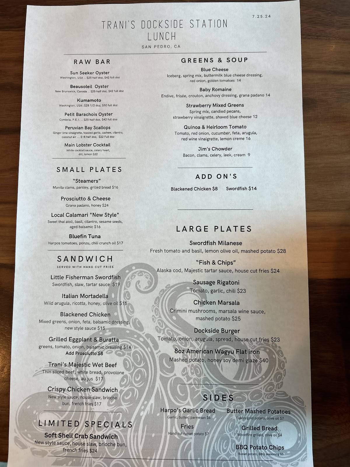 Menu at Trani's Dockside Station pub & bar, Los Angeles