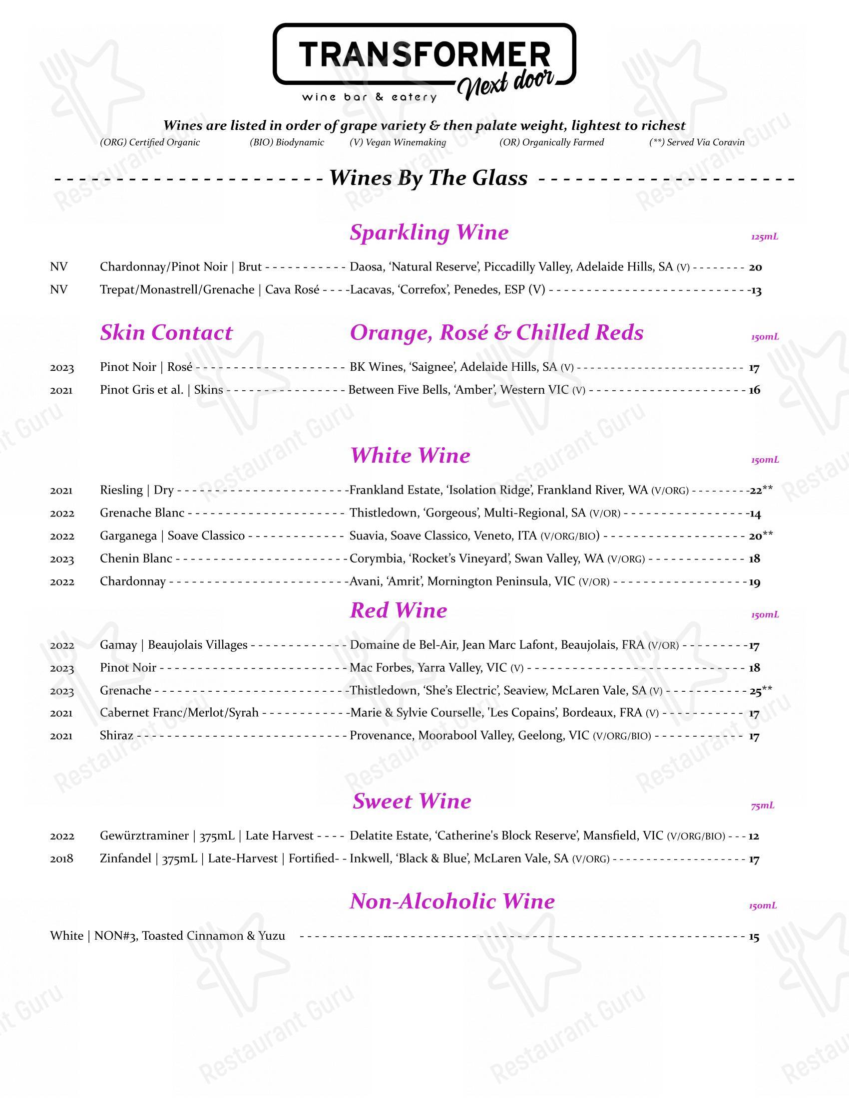 Menu at Transformer Next Door restaurant, Fitzroy