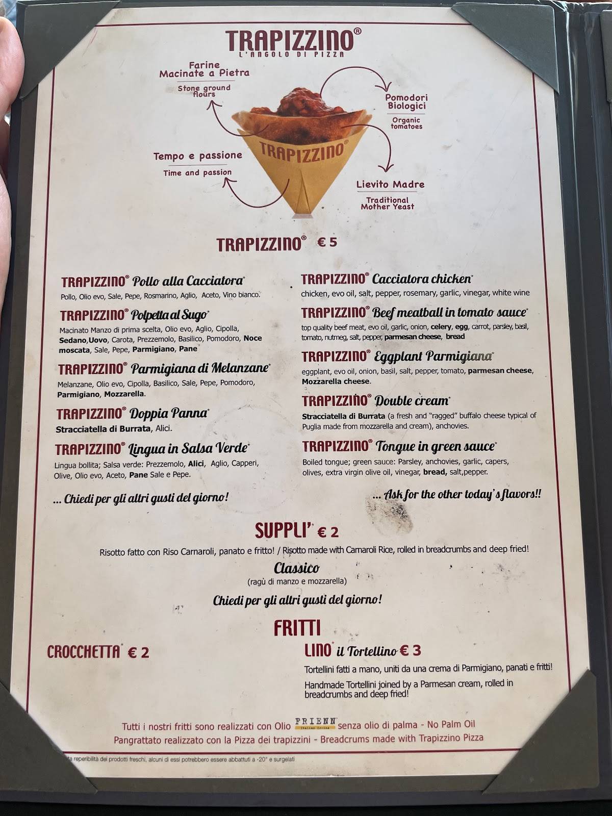 Carta de pizzería Trapizzino Trastevere, Roma, Piazza Trilussa