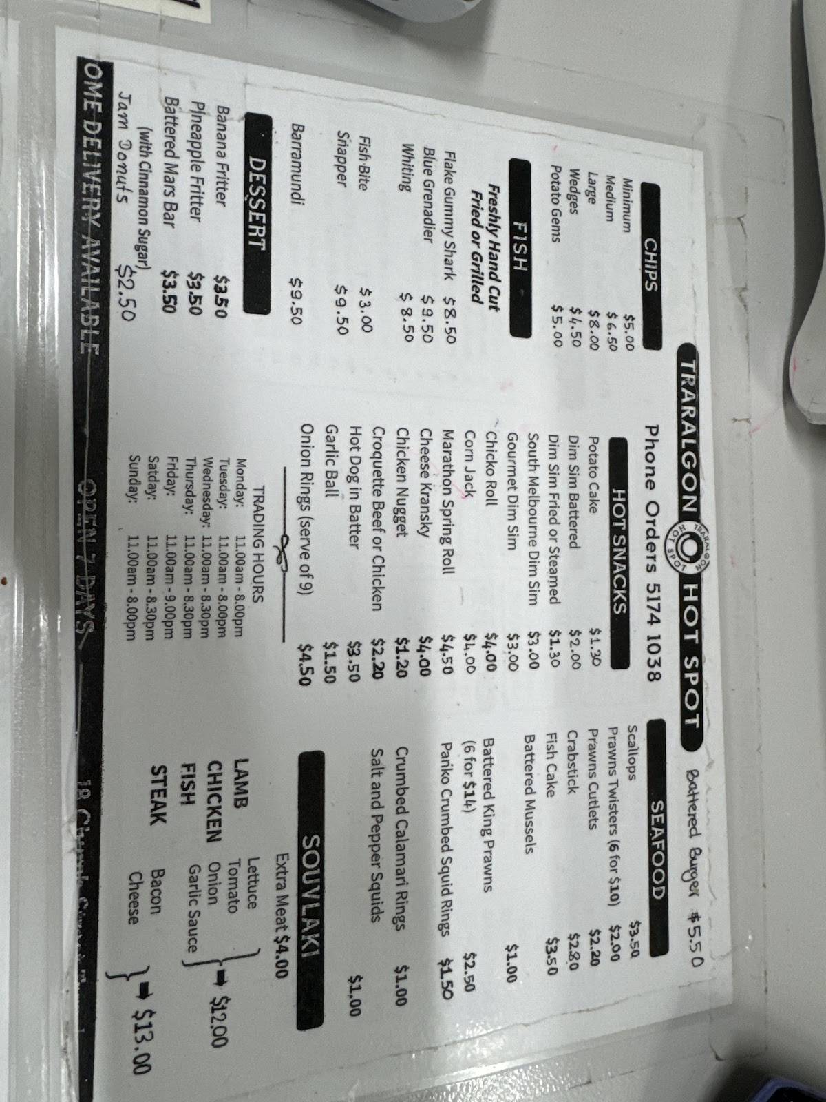 Menu at Traralgon Hot Spot fast food, Traralgon