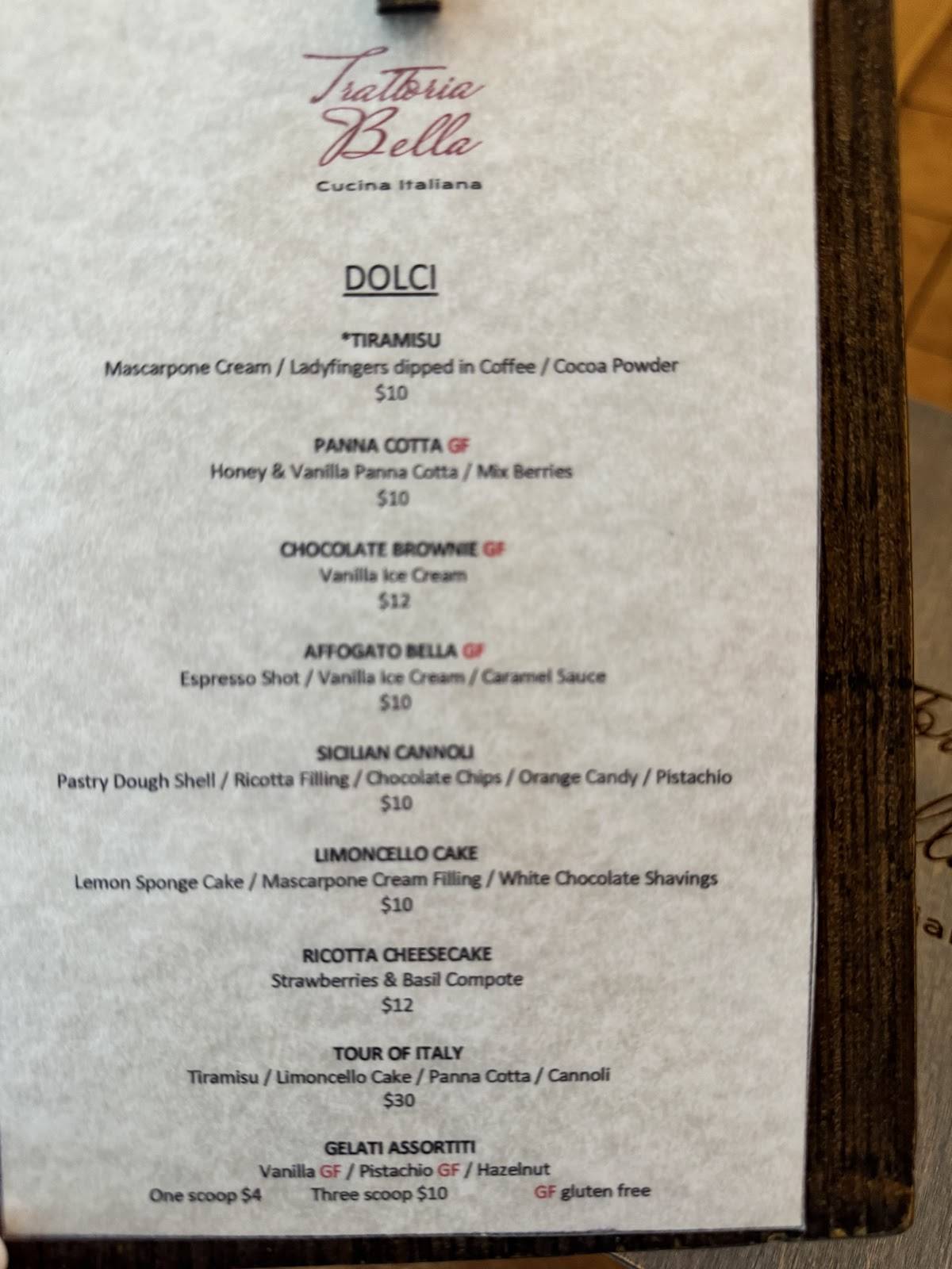 Menu at Trattoria Bella pub & bar, Palm Bay
