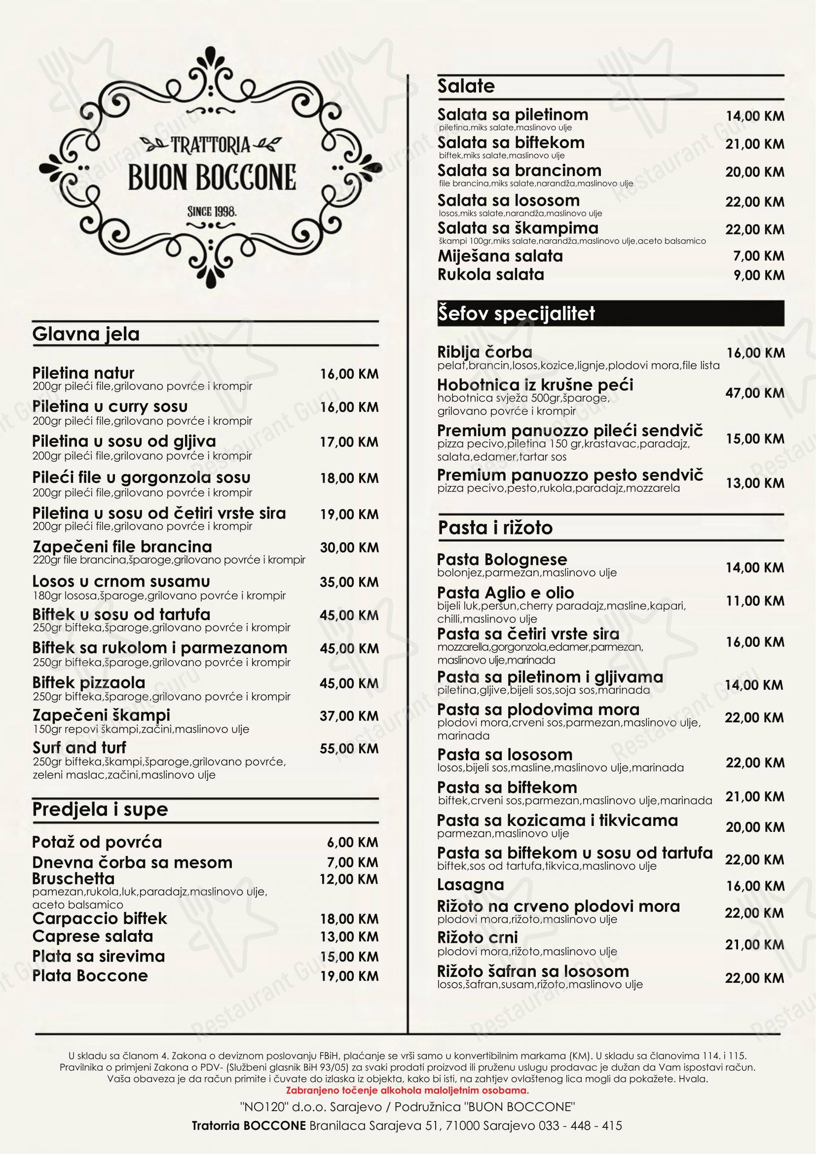 Menu at Trattoria Bon restaurant, Sarajevo