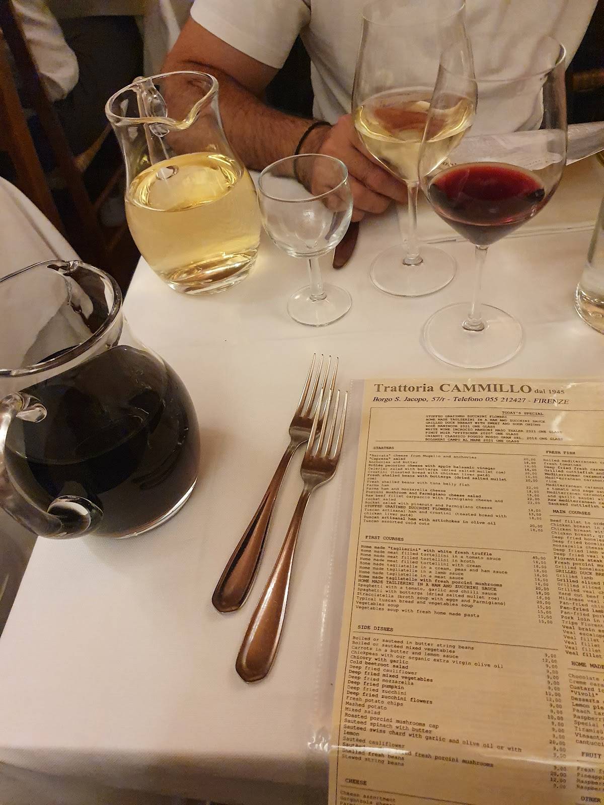 Menu at Trattoria Cammillo restaurant, Florence