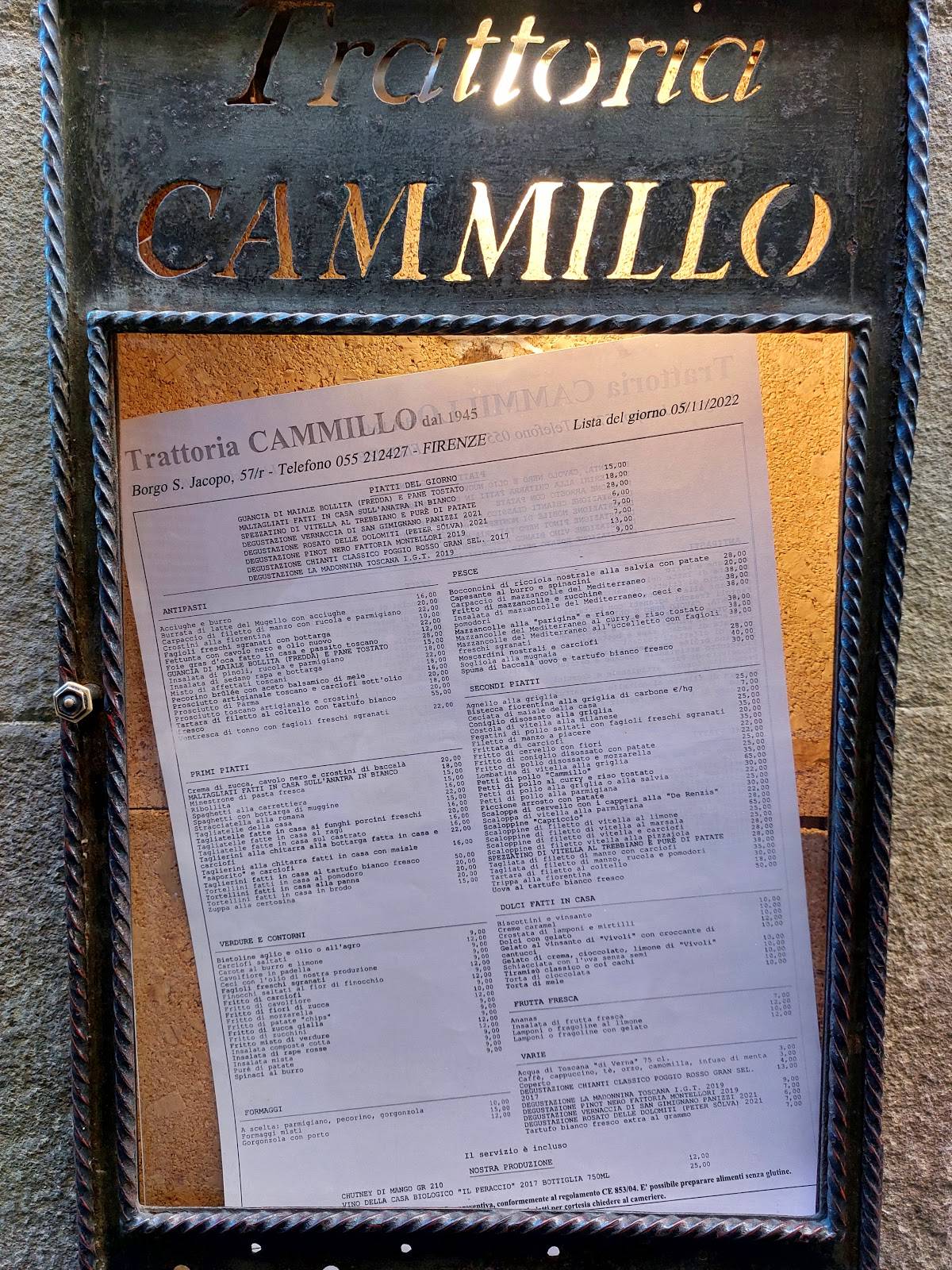 Menu at Trattoria Cammillo restaurant, Florence